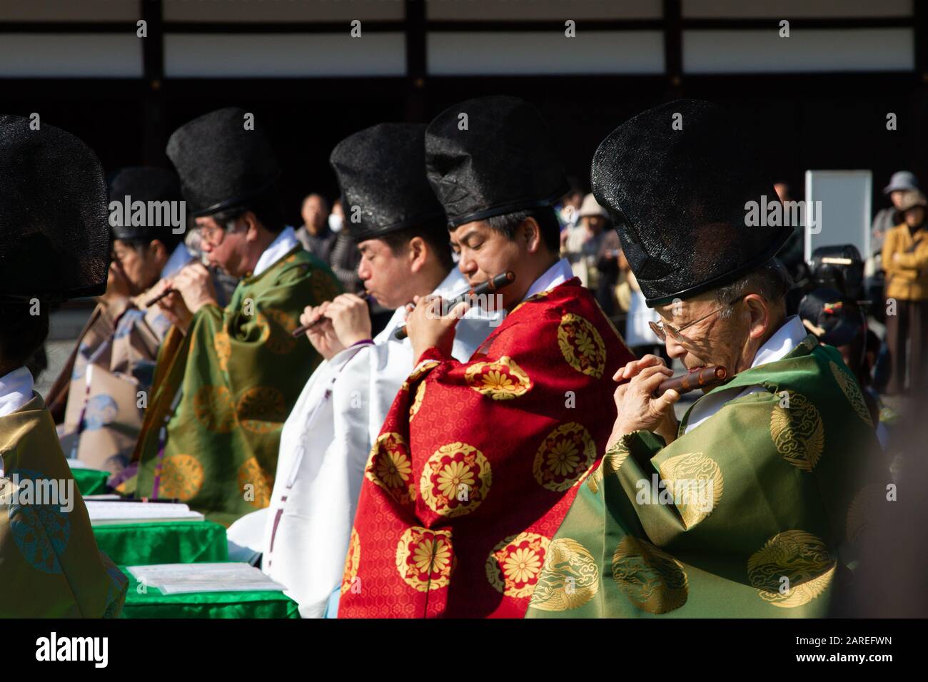 Japan, Kyoto, Flute players in the Imperial Palace, Ceremony held with ...