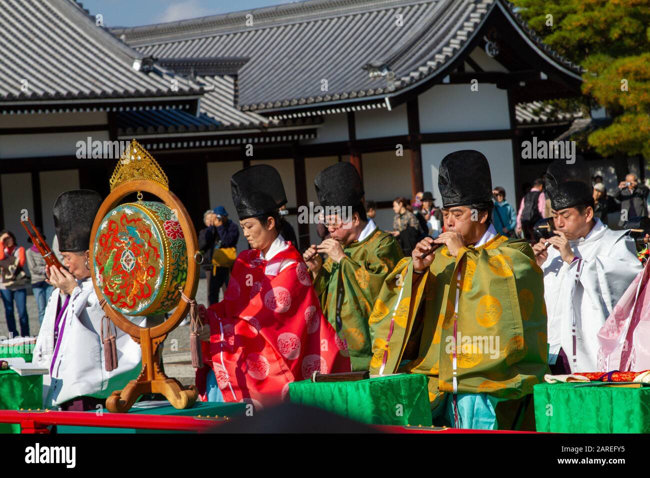Japan, Kyoto, Flute players in the Imperial Palace, Ceremony held with ...