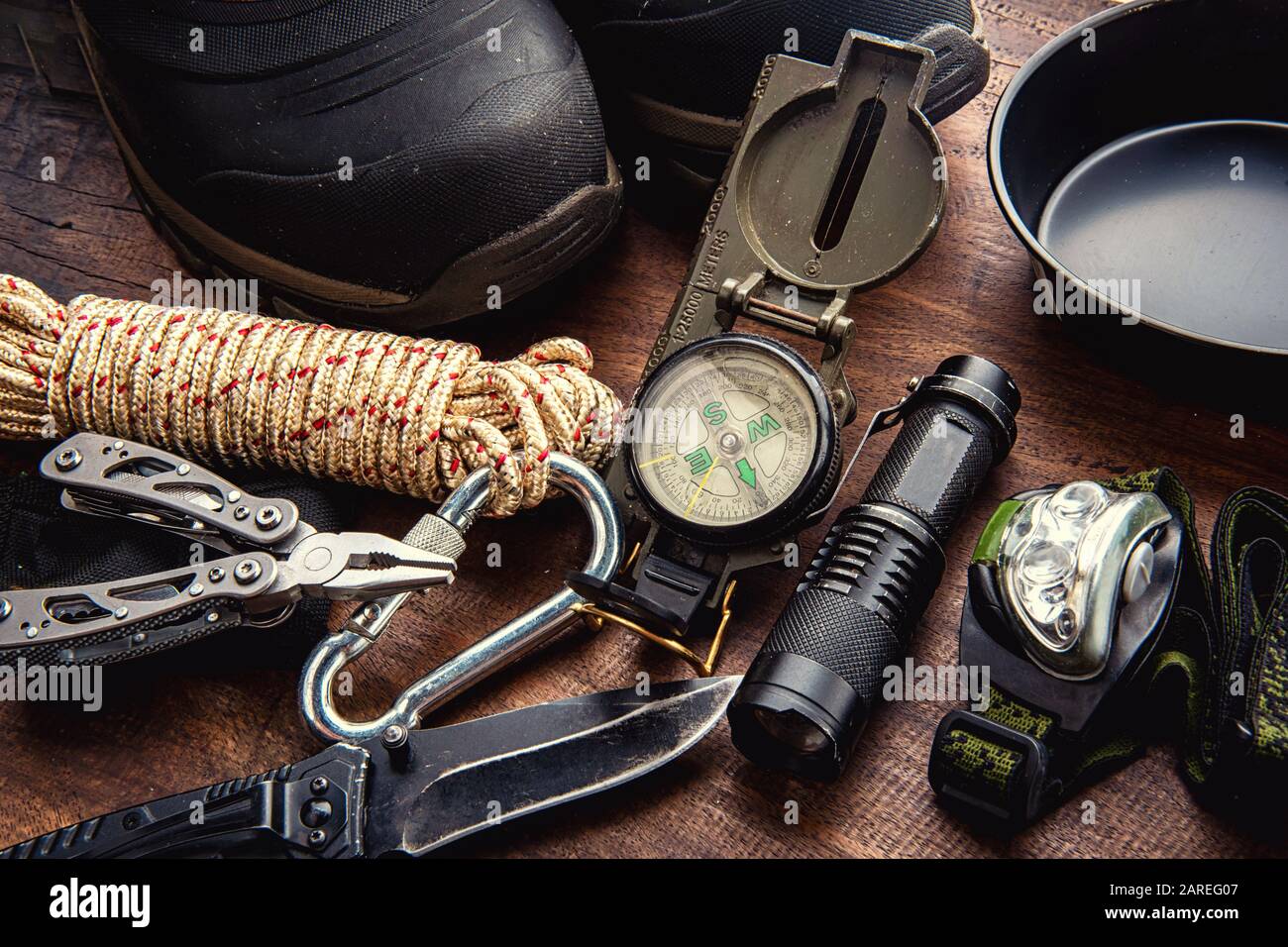 Outdoor travel equipment planning for a mountain trekking camping trip ...