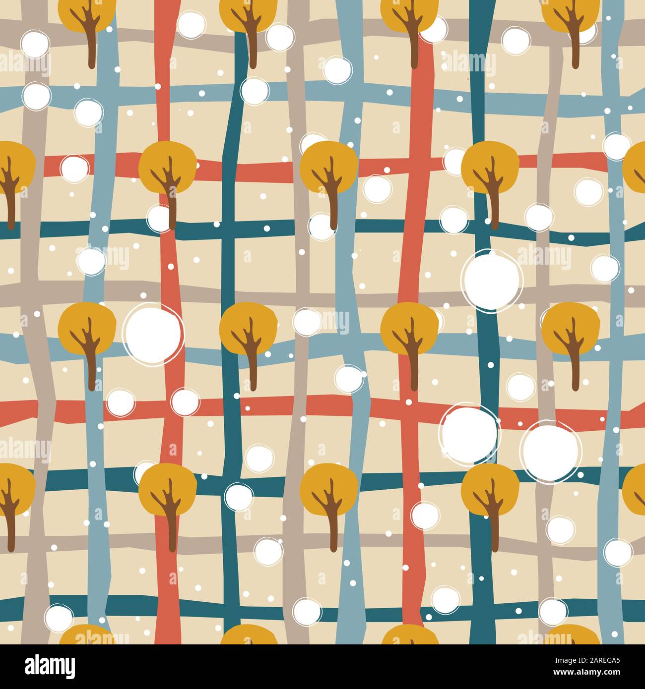 Cute Seamless Pattern With Autumn Trees With Scattered Dots. Vector ...