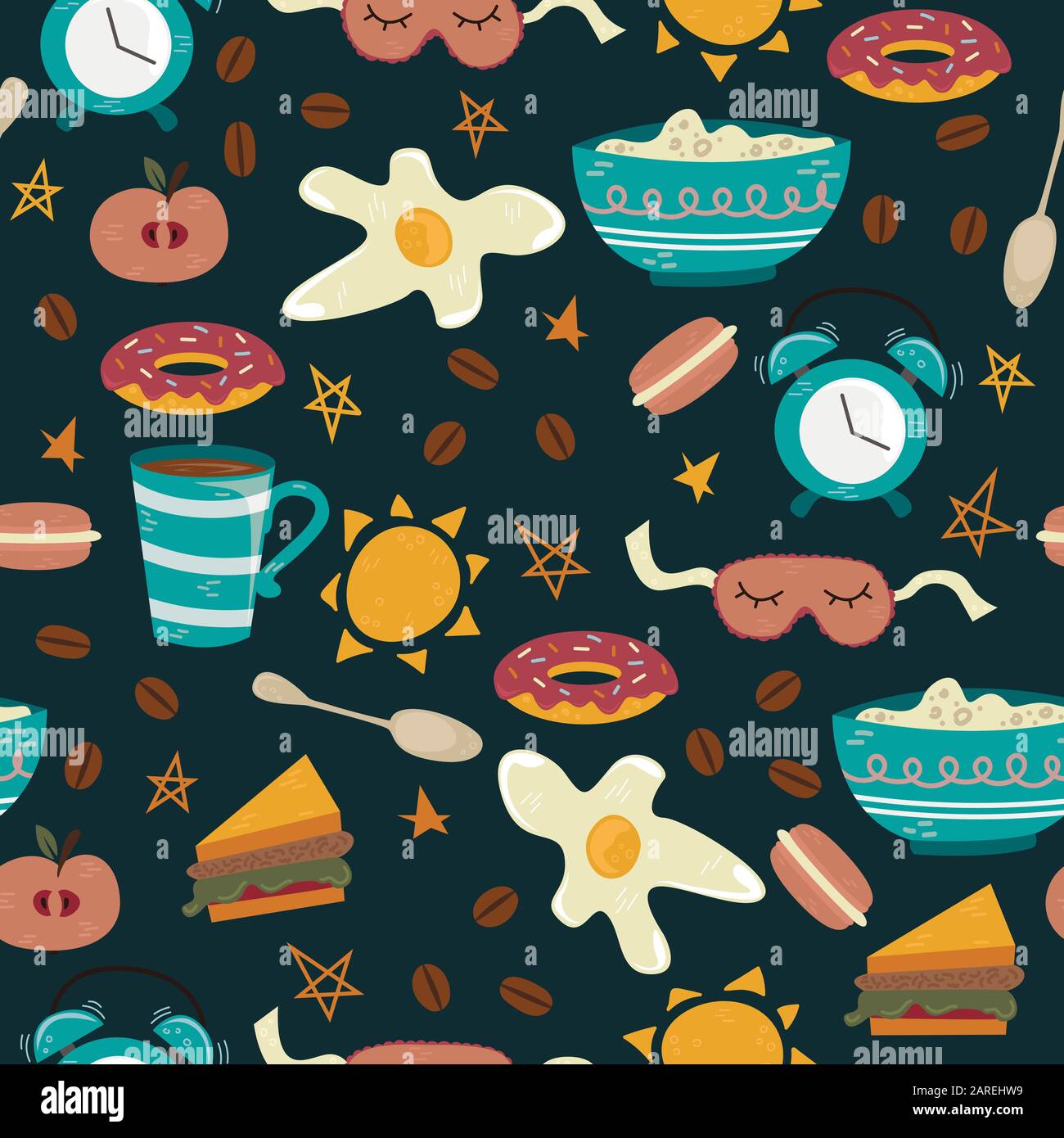 Vector seamless pattern with breakfast symbols. Morning coffee Stock ...