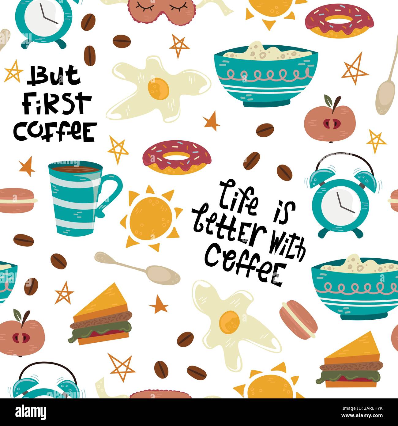 Vector seamless pattern with breakfast symbols. Morning coffee. Life is ...