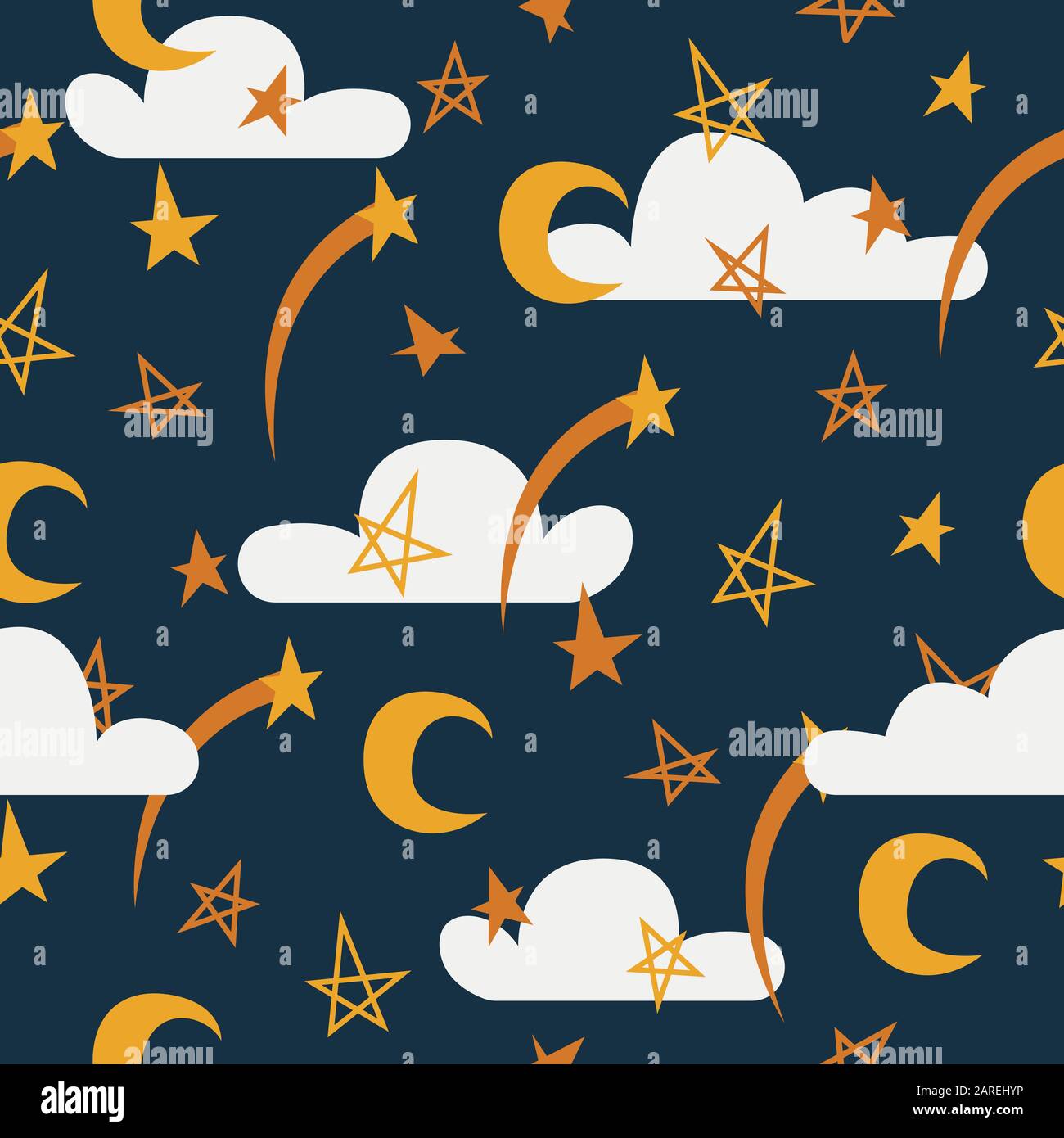 Night sky vector seamless pattern with stars, clouds and moon Stock ...
