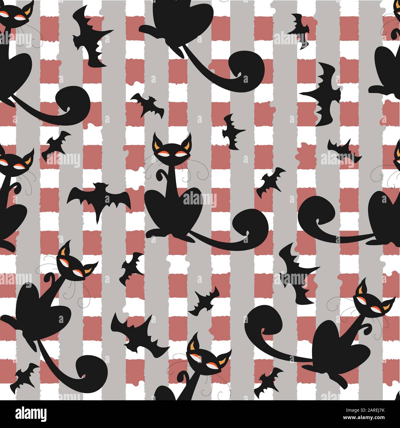Seamless pattern of Halloween cats and bats in black, traditional ...