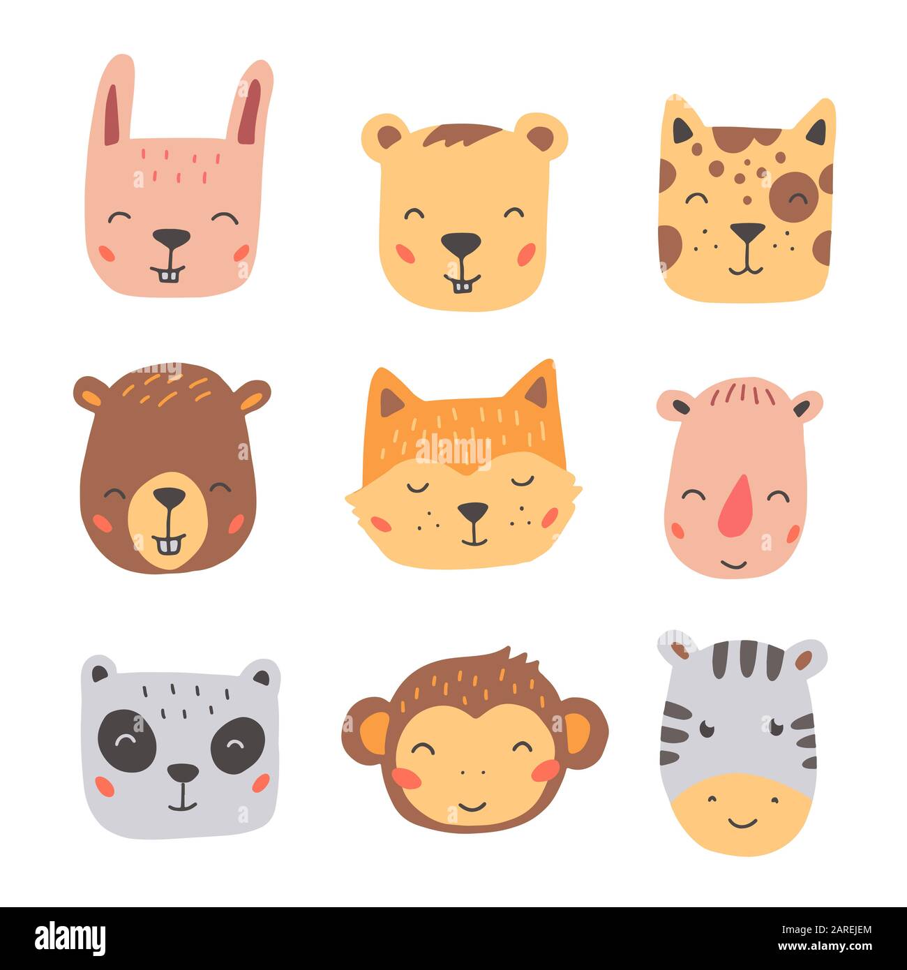 Set of cute wild animals faces, bear, monkey, panda, rabbit, fox ...