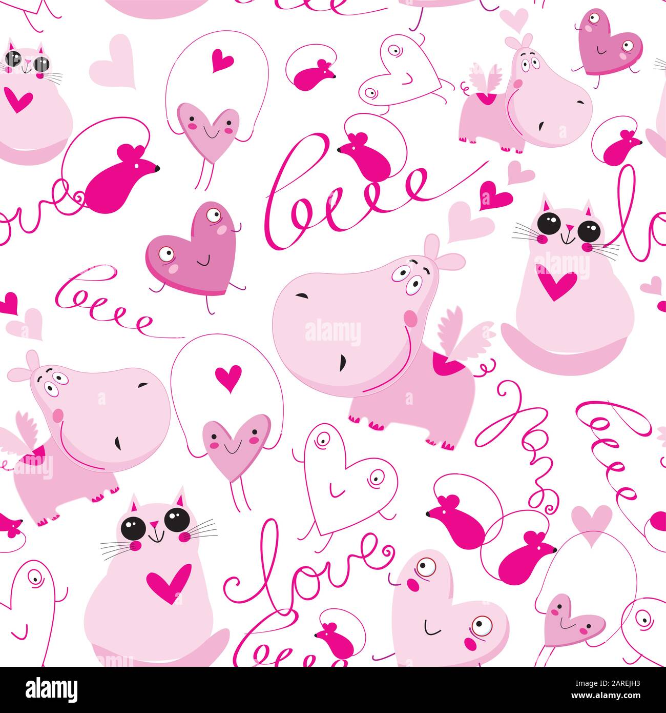 Seamless festive pattern of pink hippos and cats in love on a white ...