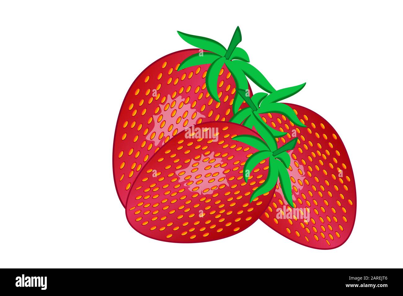 Three red strawberries with leaves isolated on white background ...