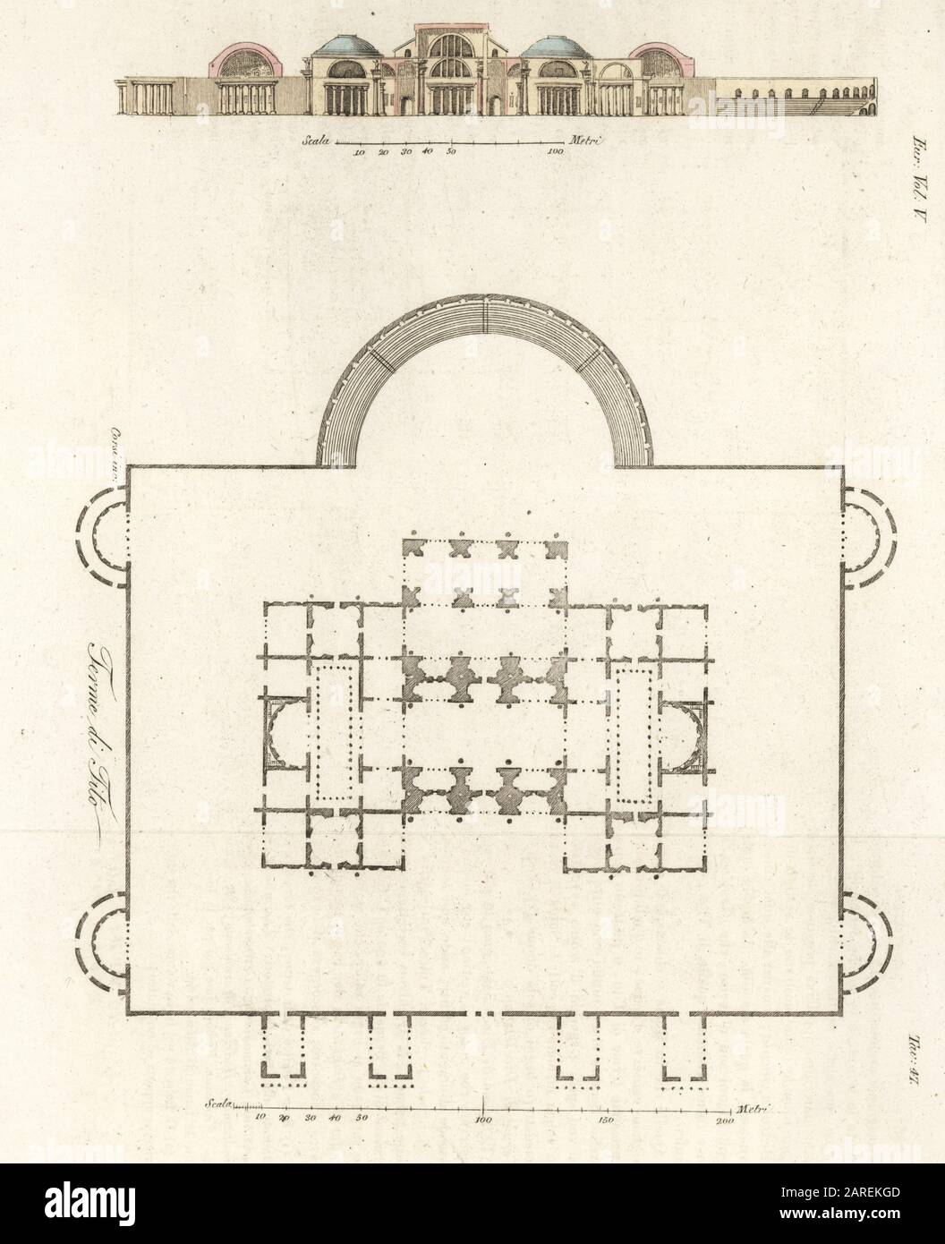 Plan and elevation of the Baths of Titus, Rome. Thermae Titi, public ...