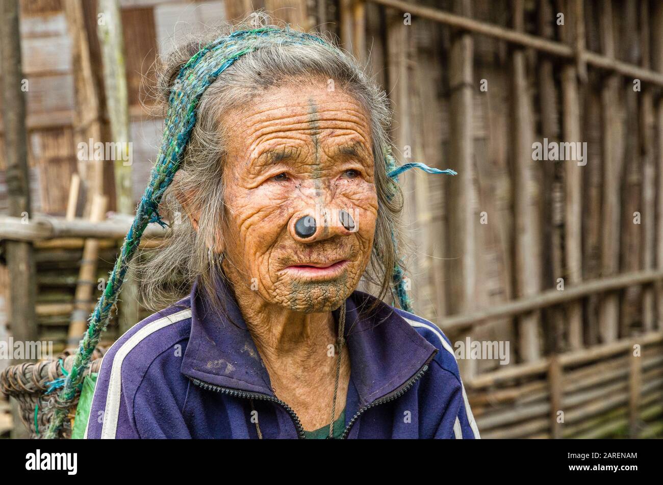 Portrait of an Apatani woman with tattoos and the traditional bamboo ...