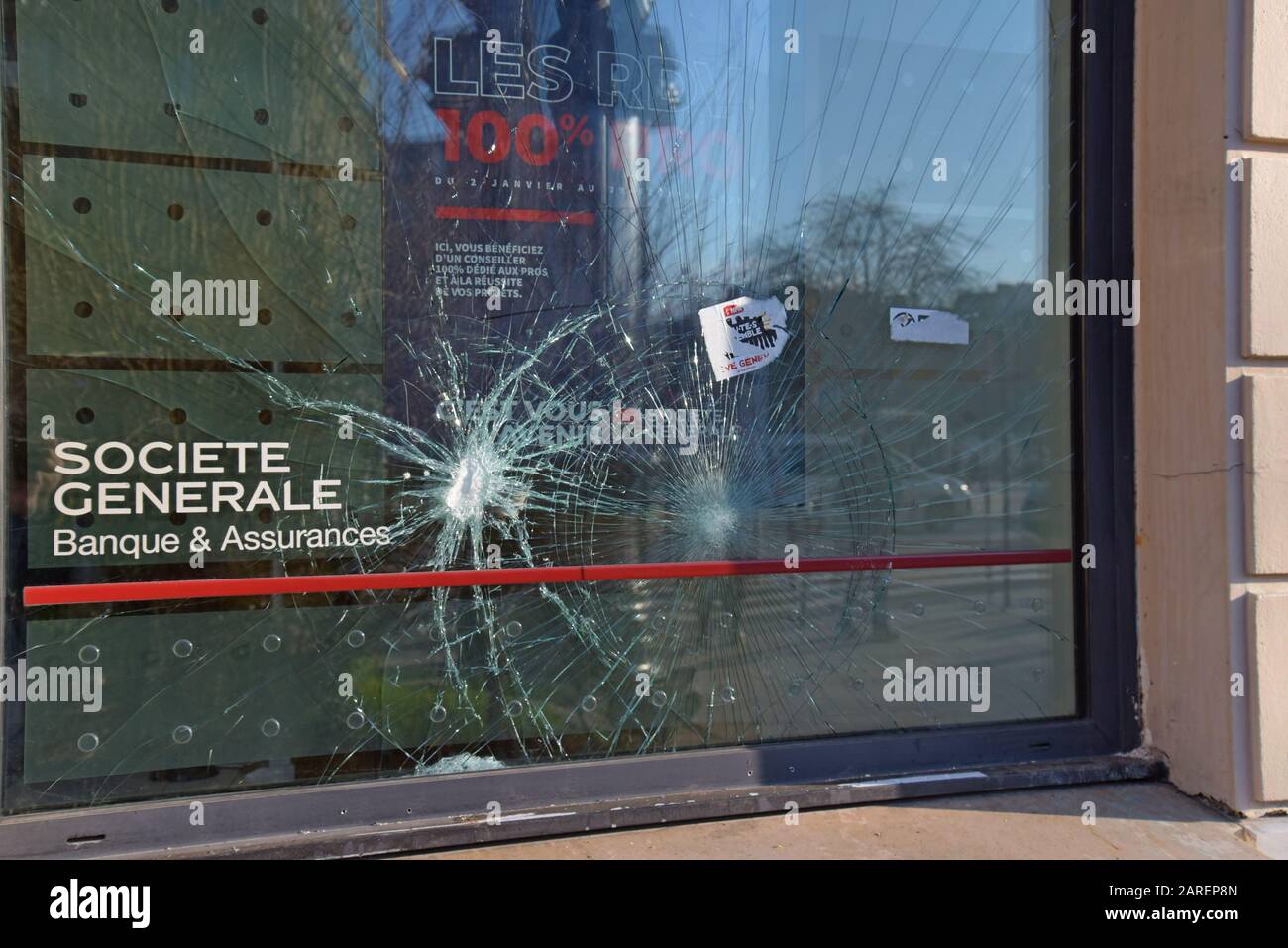 Boarded up Societe Generale bank, Paris with smashed windows. Recent ...