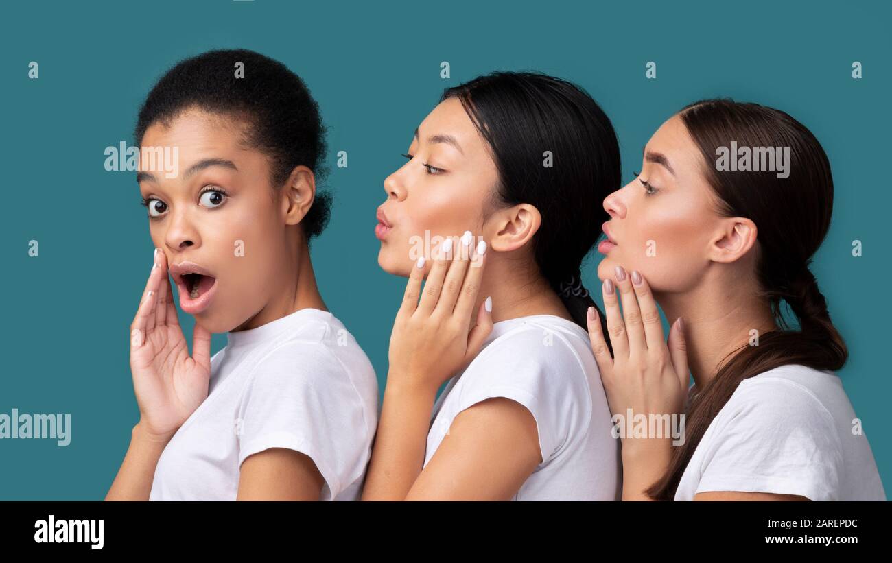 Three Women Sharing Secrets And Rumors, Turquoise Background, Panorama ...