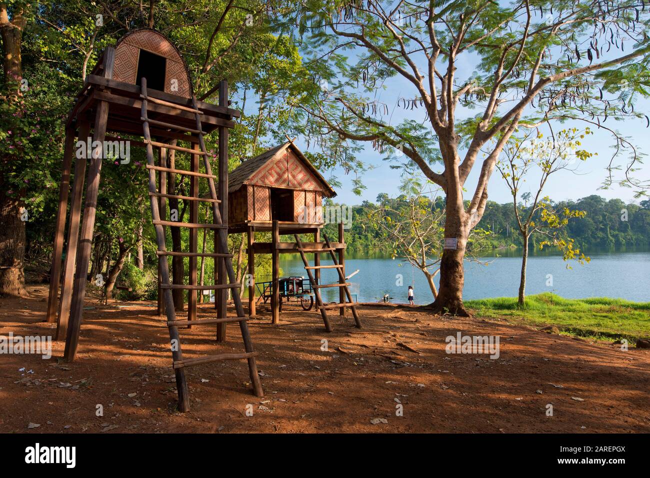 Stake houses of the indigenous Kroeung Tola people at the crater lake ...