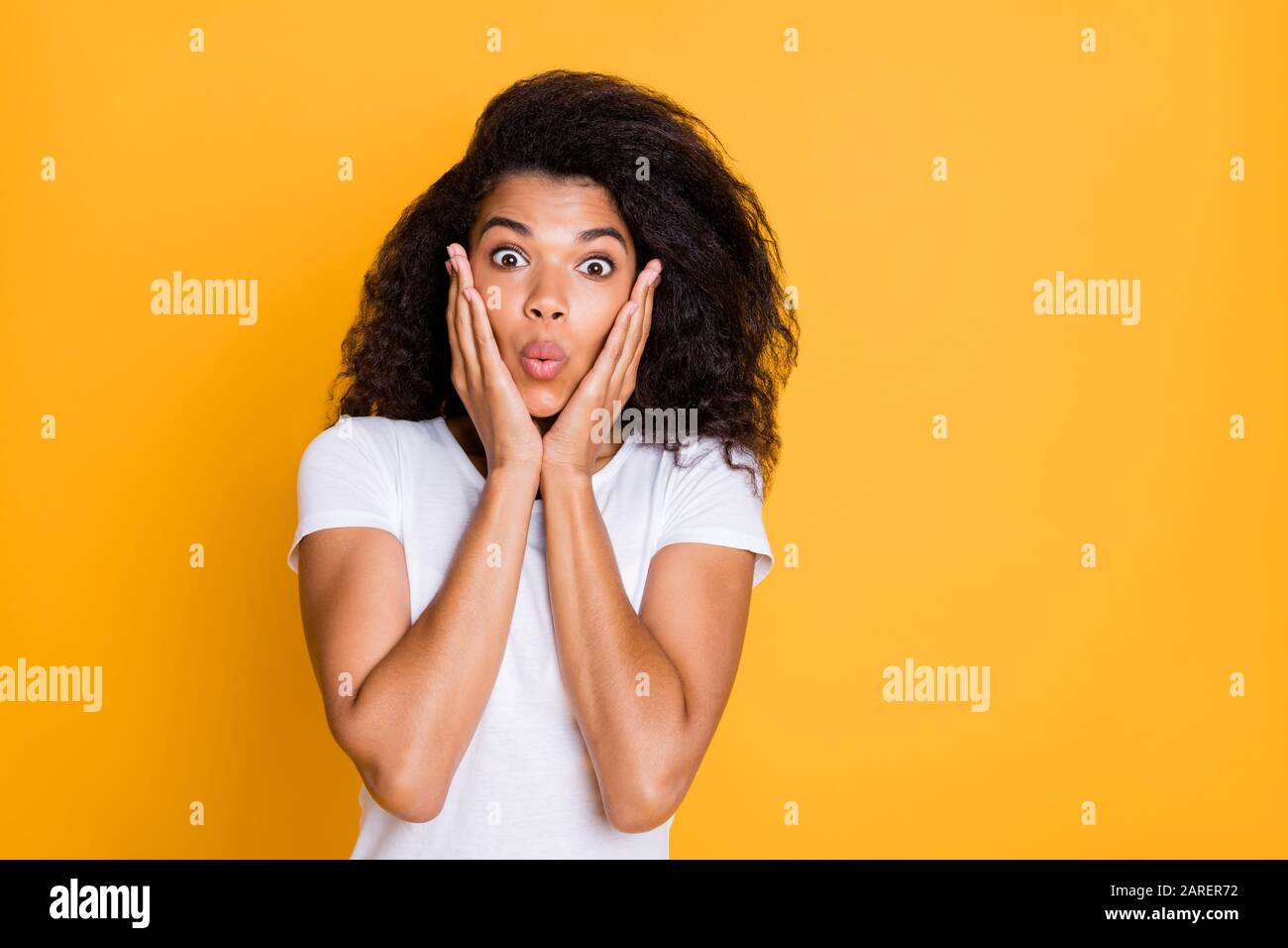 Photo of excited crazy amazed surprised girl pouting her lips near ...