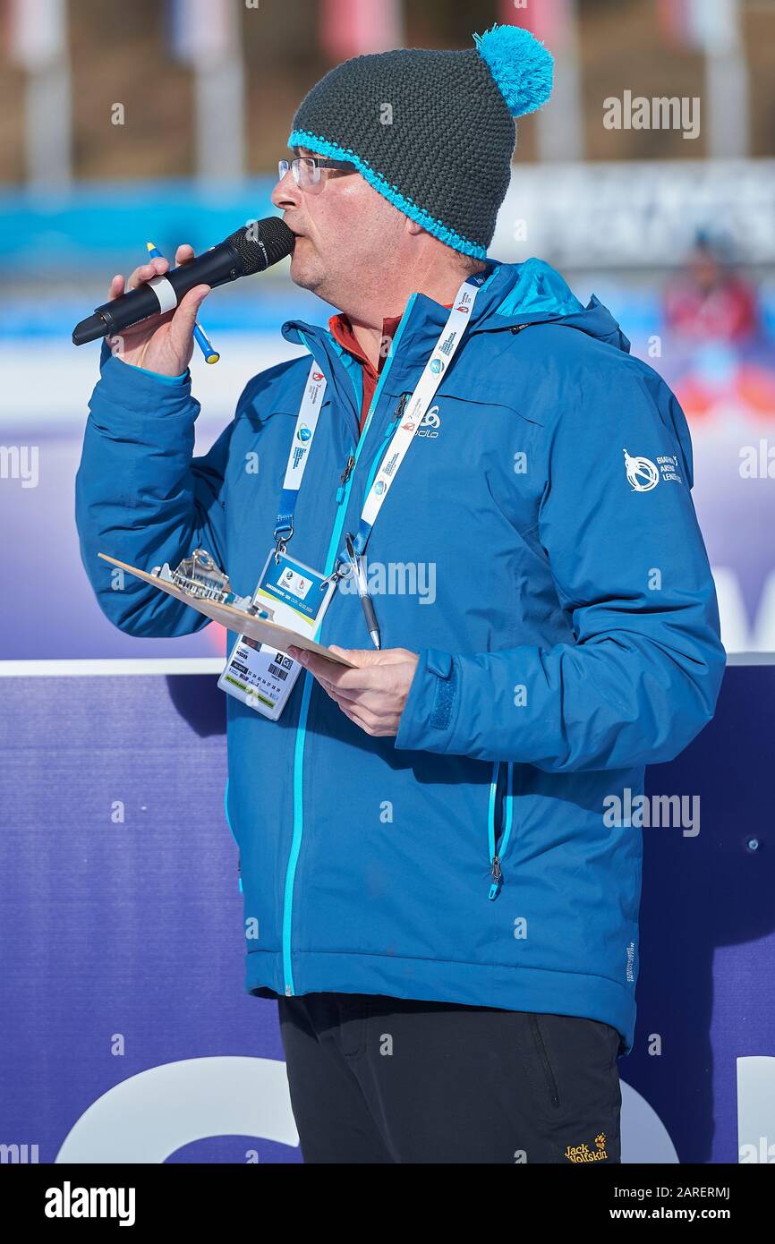 Lenzerheide, Schweiz, 27. Januar 2020. Speaker Christian Hitsch Weder ...