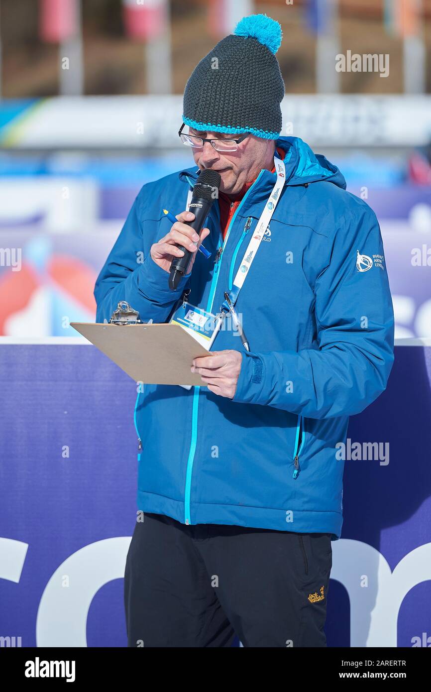 Lenzerheide, Schweiz, 27. Januar 2020. Speaker Christian Hitsch Weder ...