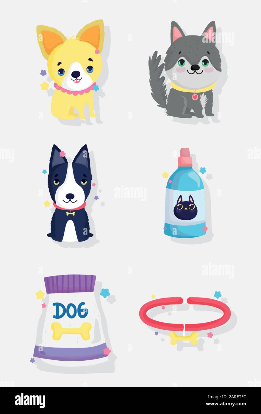cute little dogs food and collar domestic cartoon animal, collection ...