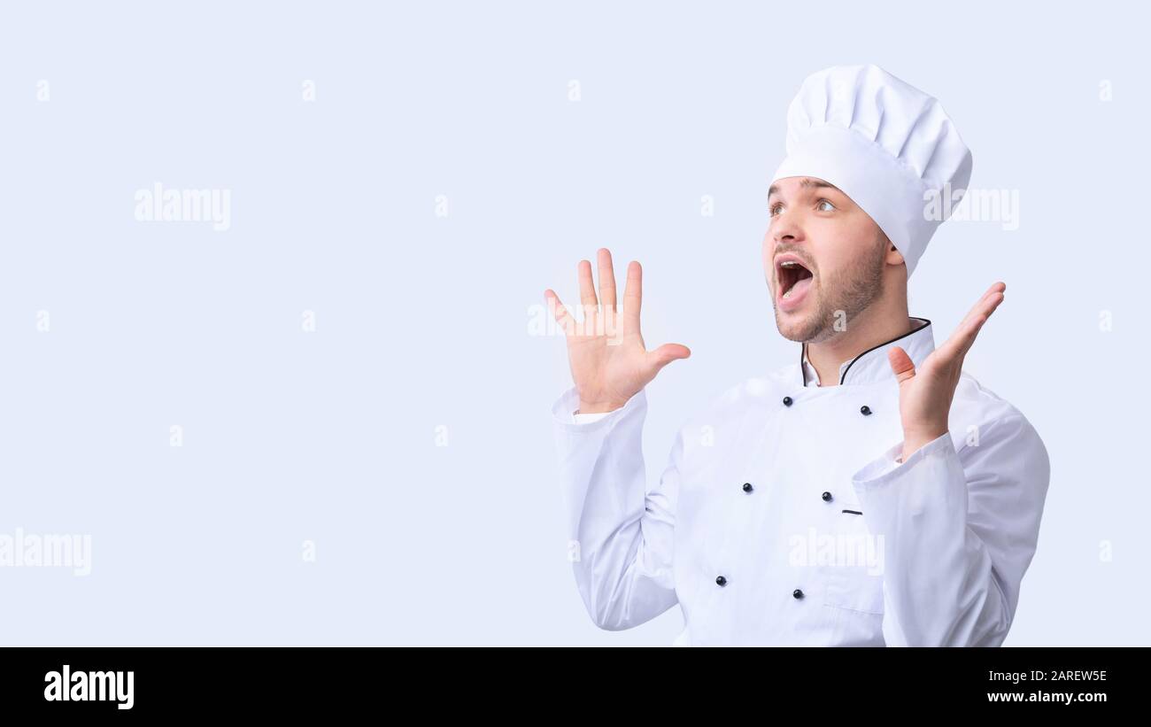 Excited Chef In Uniform Shouting Standing On White Background, Panorama ...