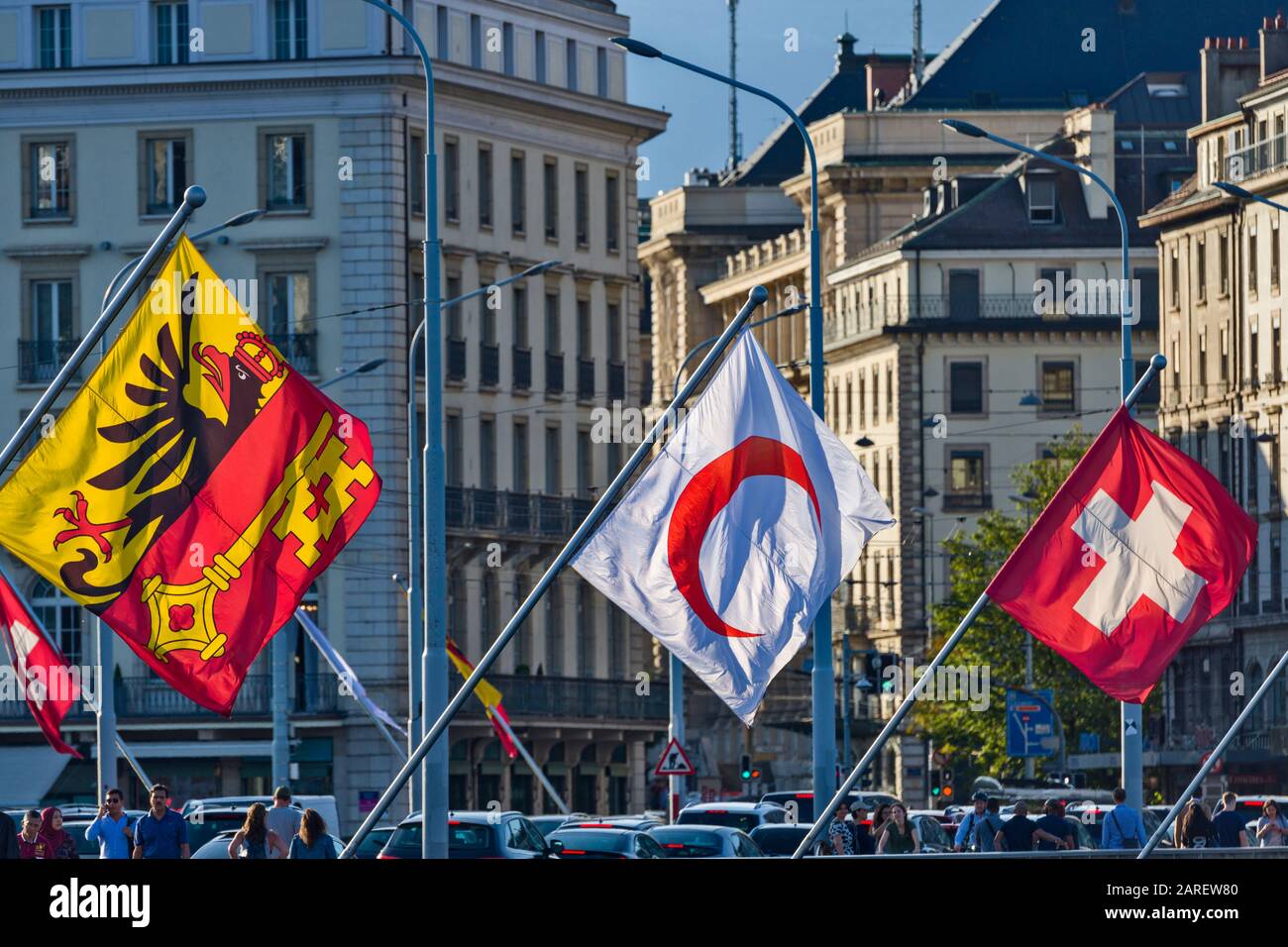 Mont Blanc bridge and Swiss flags over Geneva Lake, Geneva, switzerland ...
