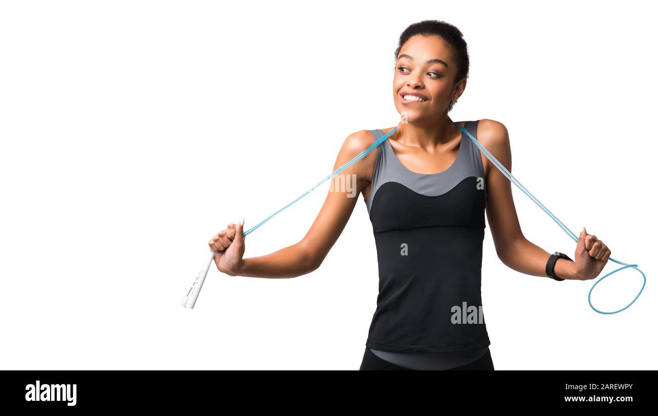 Fitness Lady Holding Jump Rope Posing Over White Background, Panorama ...