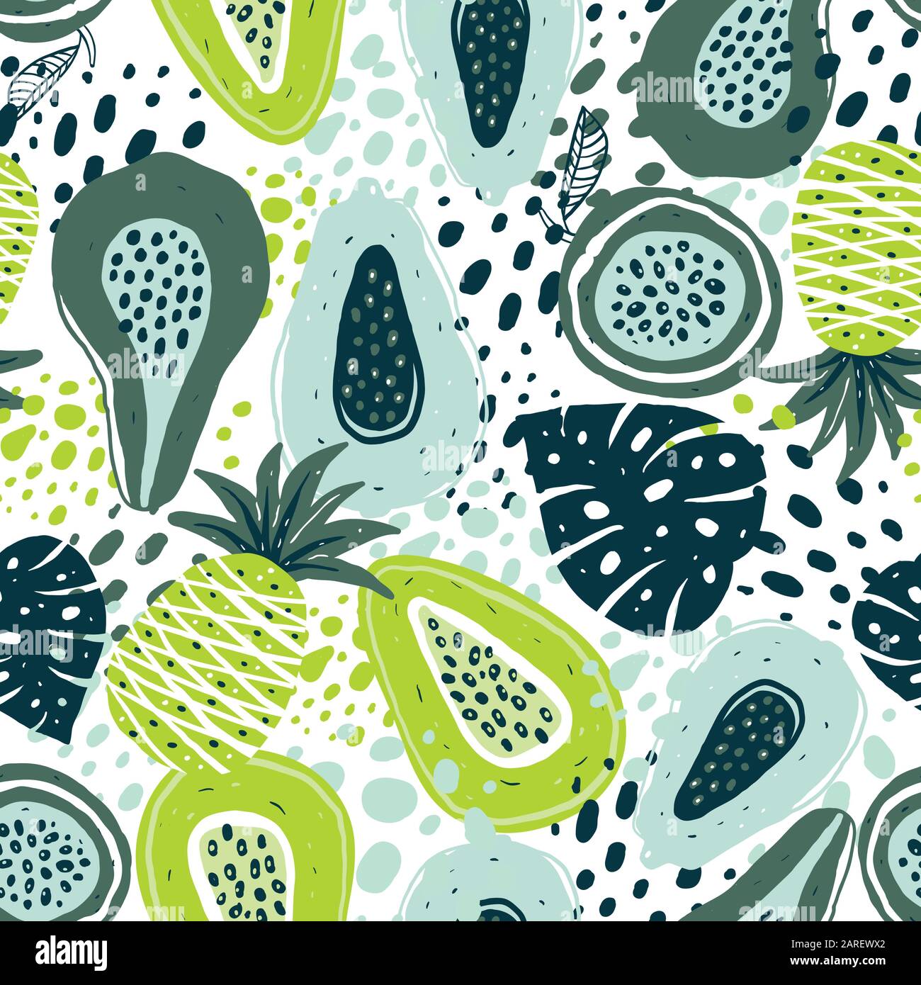 Seamless pattern with creative modern fruits. Hand drawn trendy ...