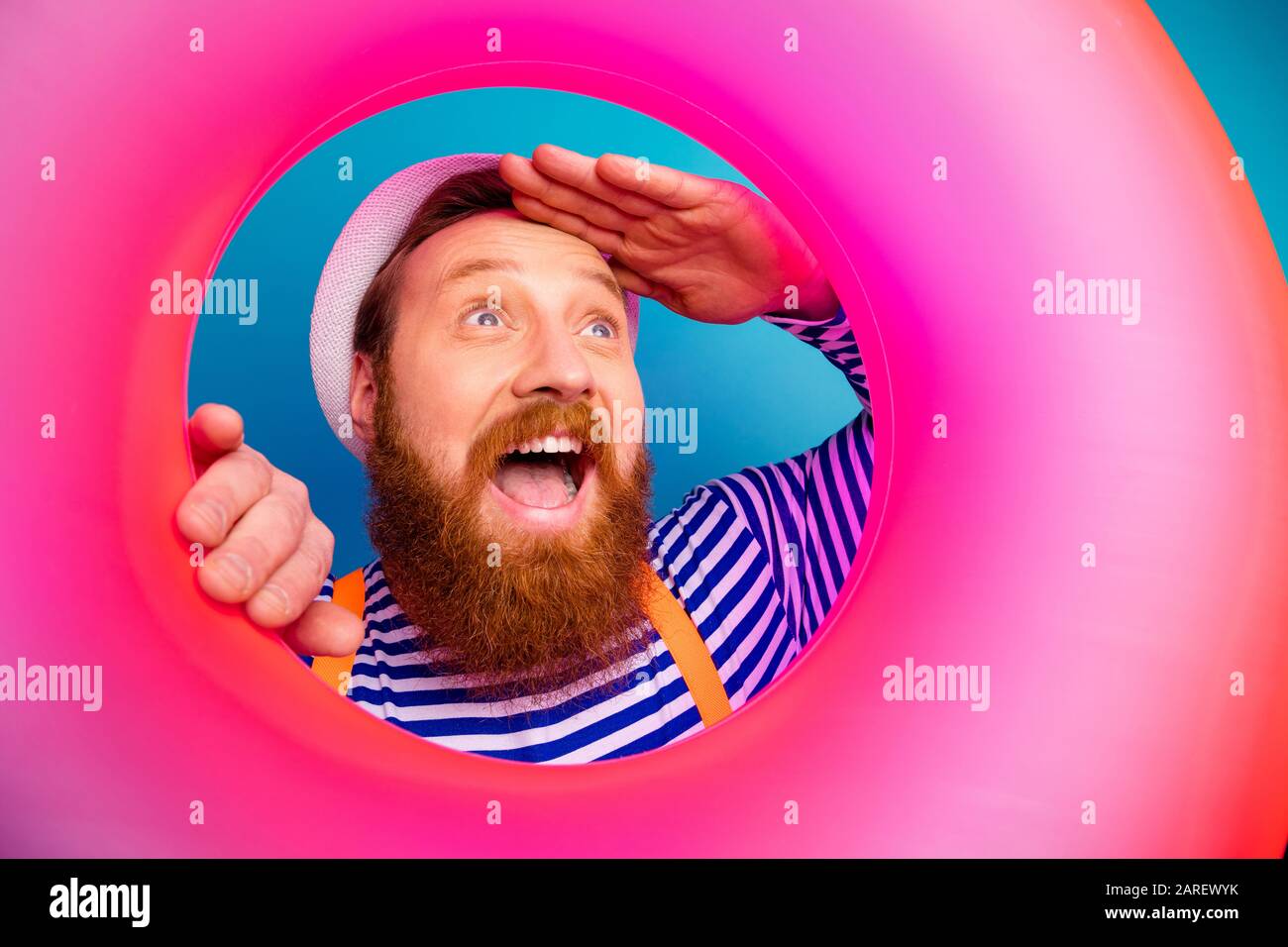 Close up photo excited funny man watch pink life relax saver rescue ...