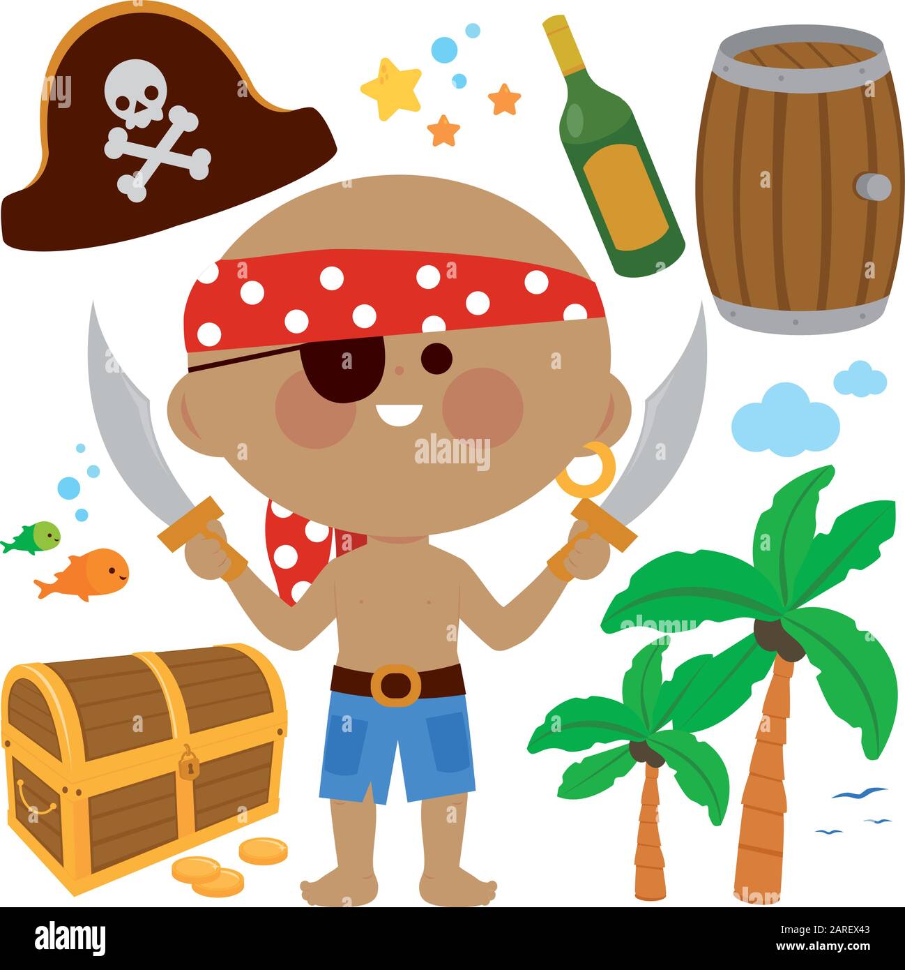 Vector set of a pirate captain with a sword and other pirate themed ...