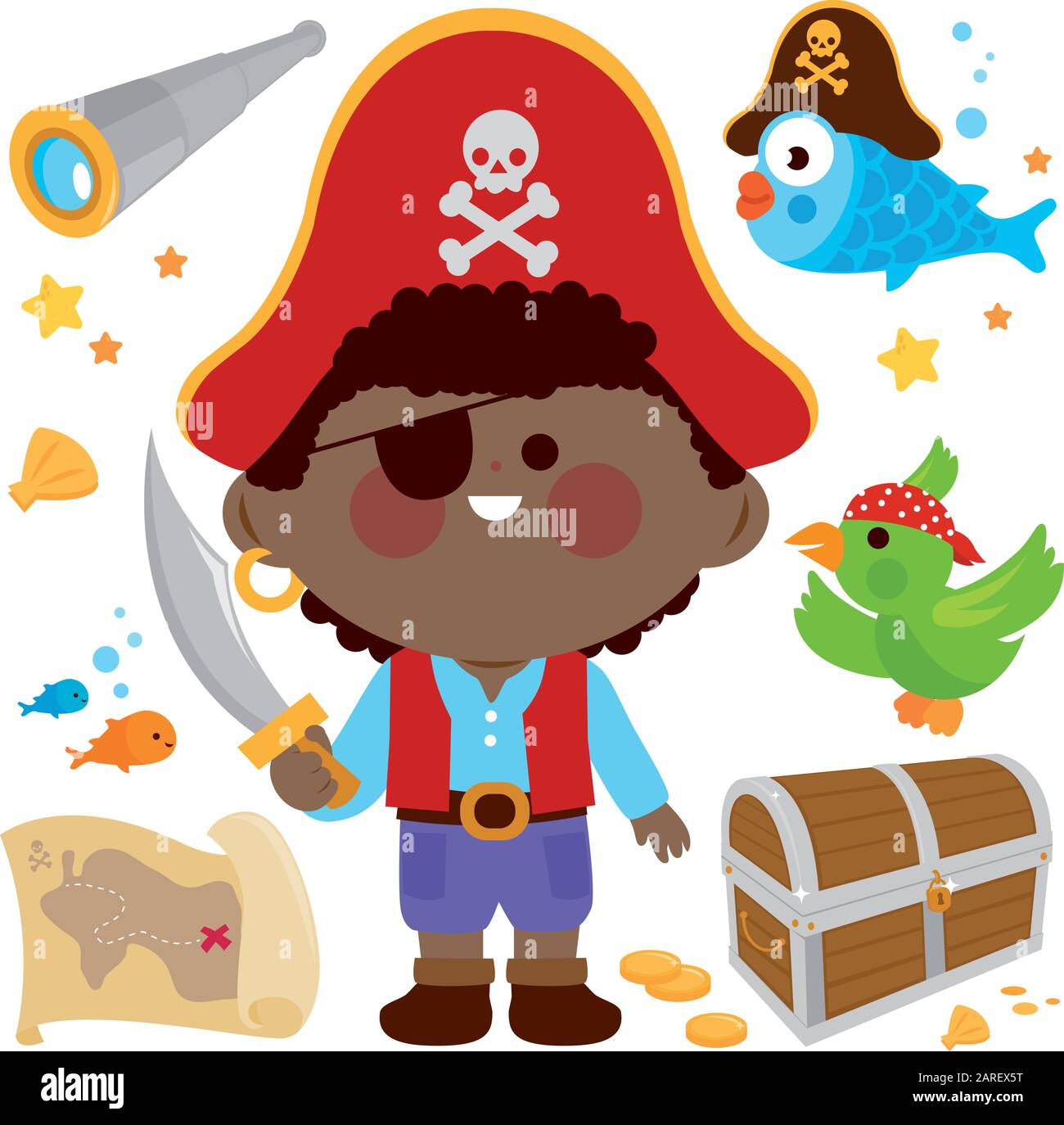 Cartoon pirate captain with sword, parrot and pirate cartoon fish ...