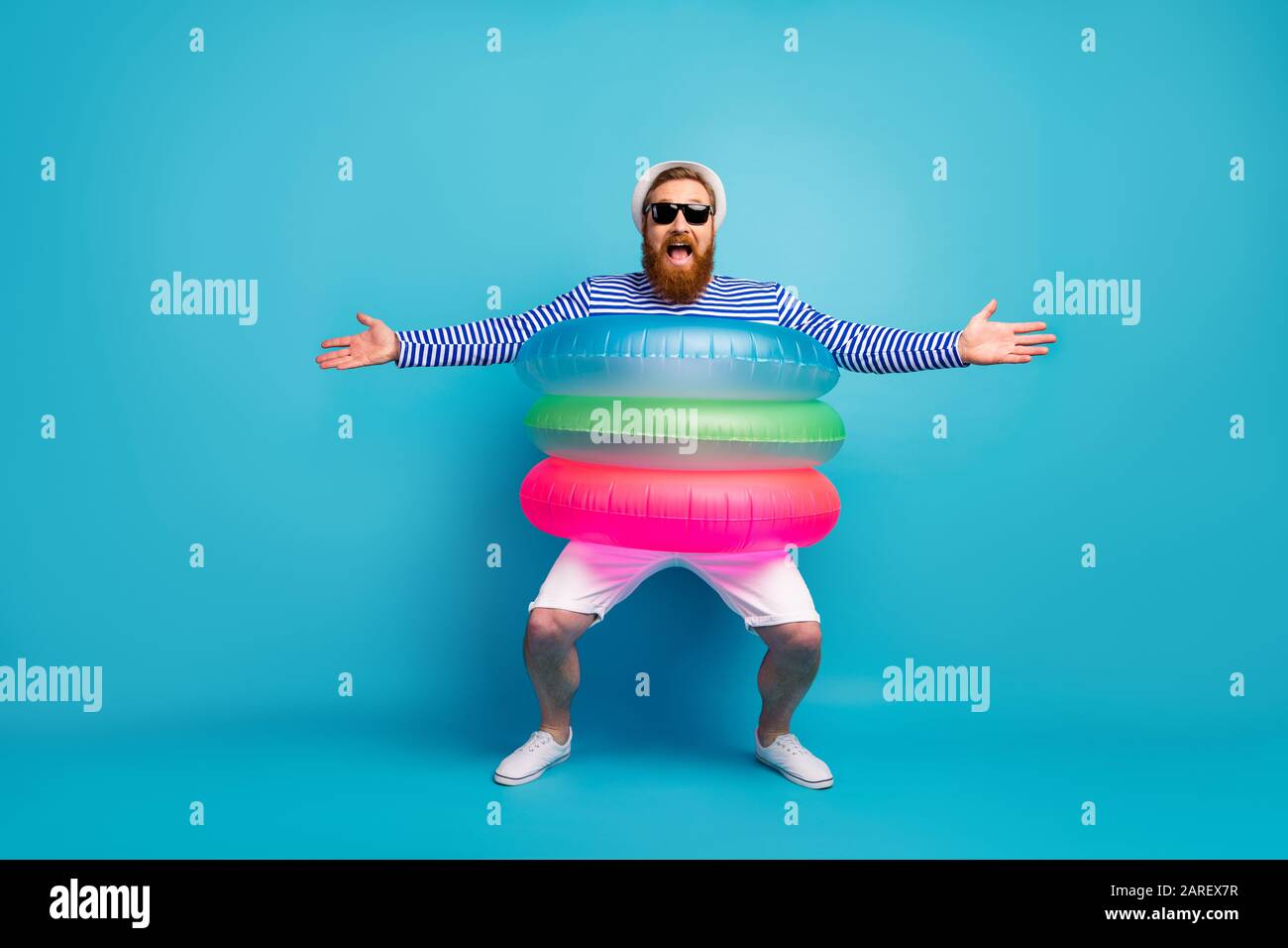 Full length photo of funny funky cheerful man enjoy tourism journey ...