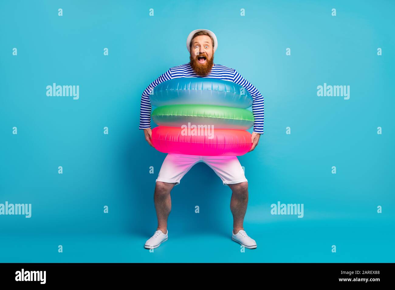 Omg ocean. Full body photo of cheerful excited man enjoy summer tourism ...