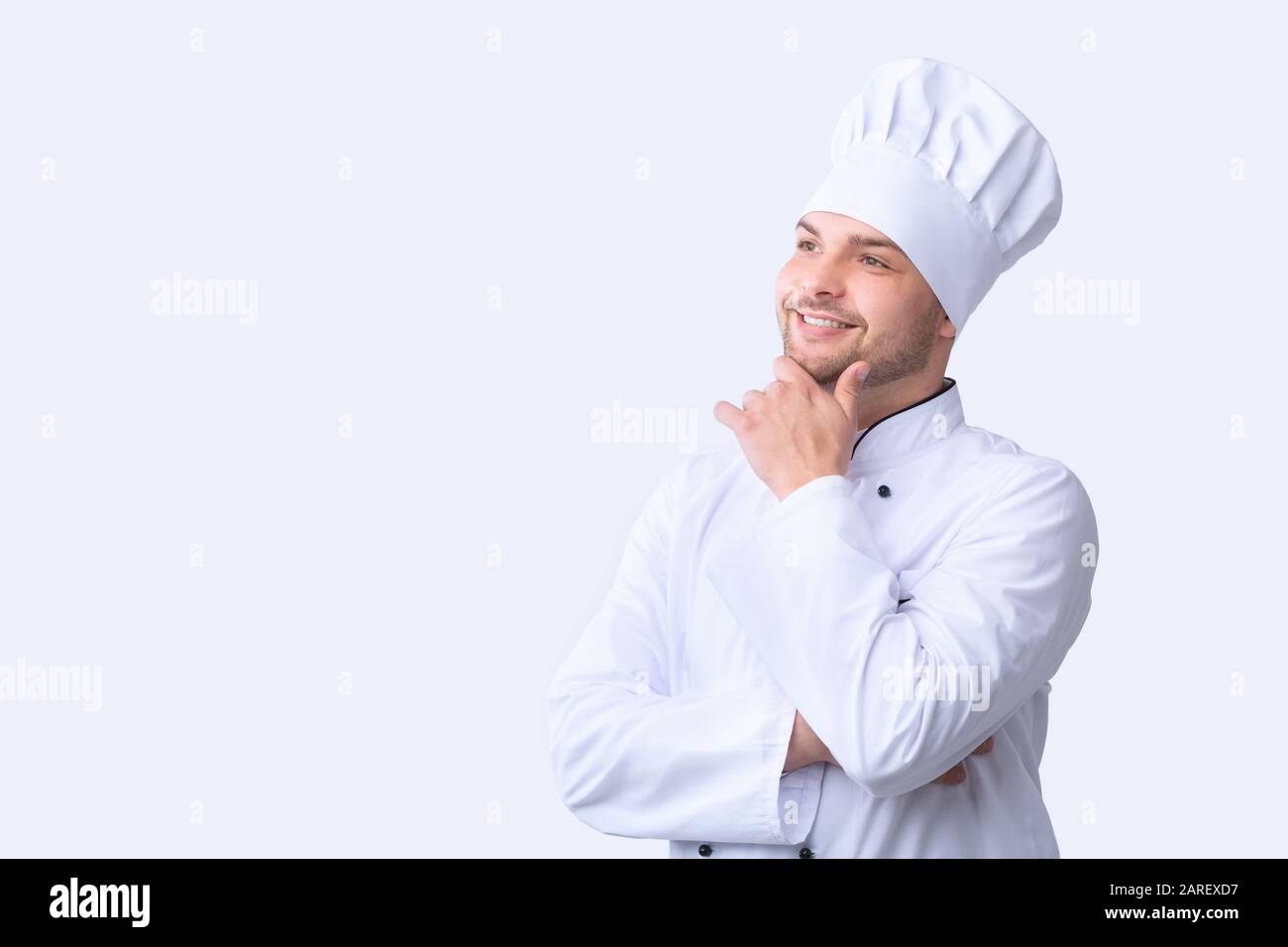 Happy Chef Man Dreaming Posing Touching Chin Over White Background ...