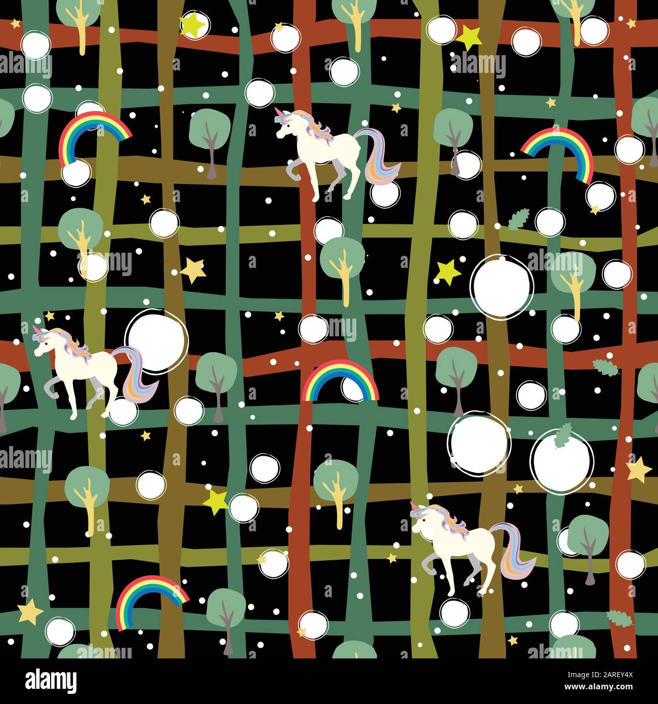 Cute Seamless Pattern With Autumn Trees and Scattered stars. Modern ...