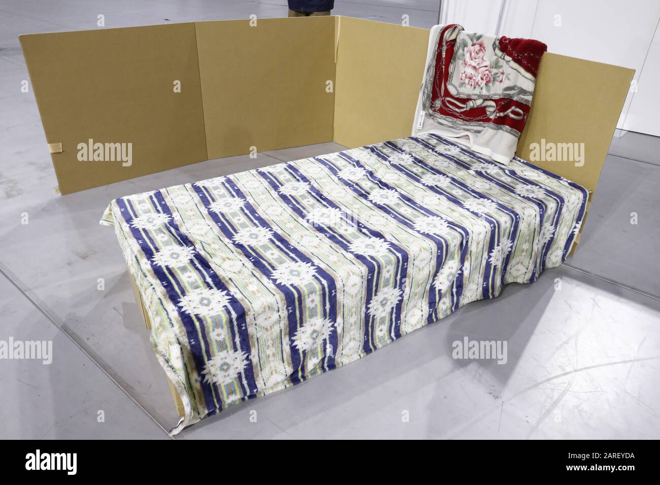 Tokyo, Japan. 28th Jan, 2020. A bed made for evacuation centers on ...