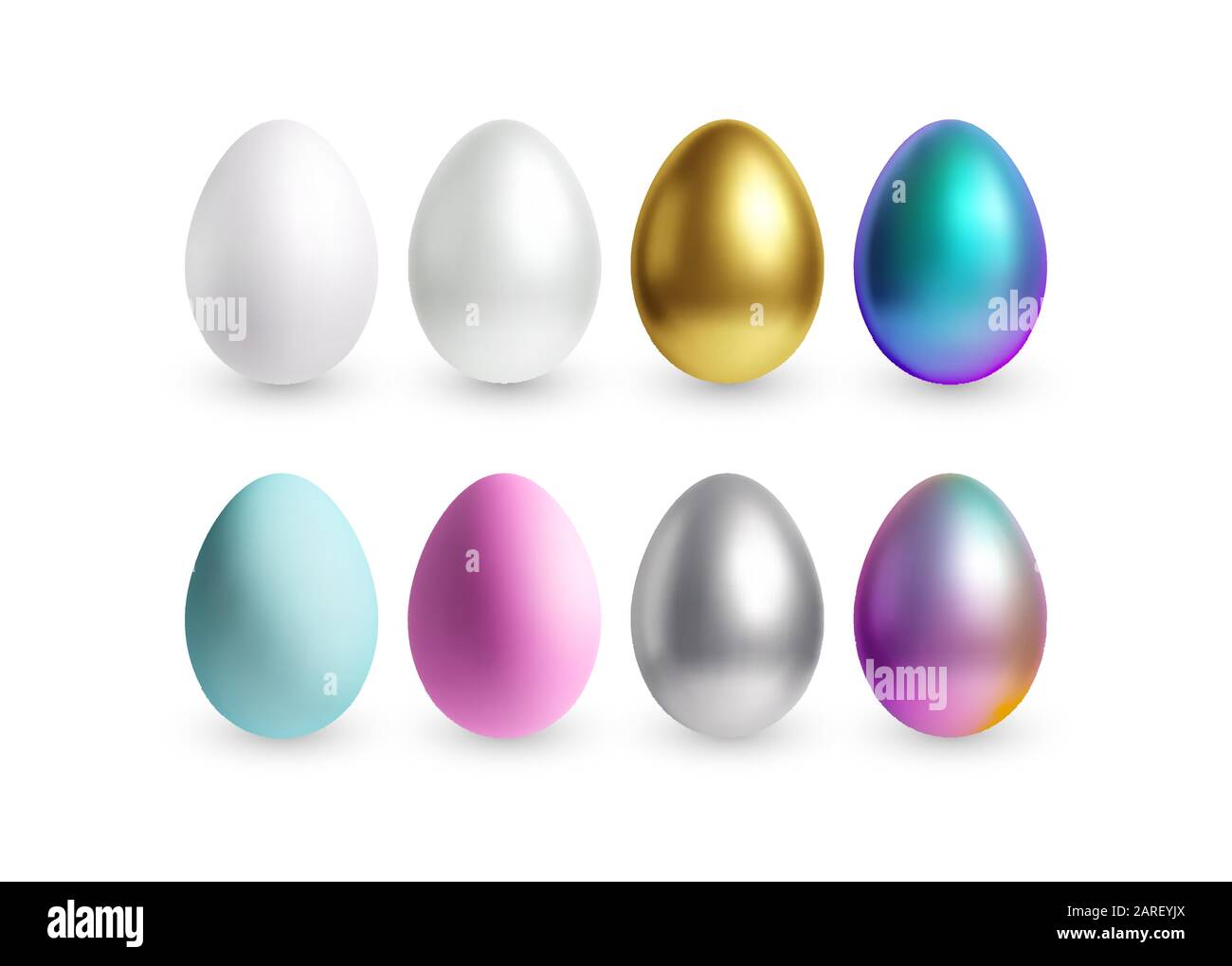 Set of different 3D realistic, shiny, golden, holographic Easter eggs isolated on white ...