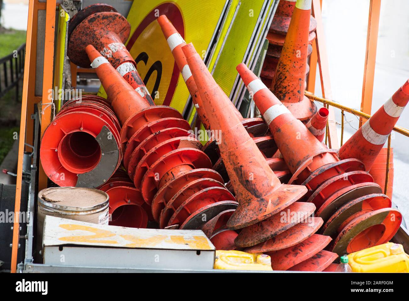 traffic cones to mark road works or temporary obstruction traffic sign ...