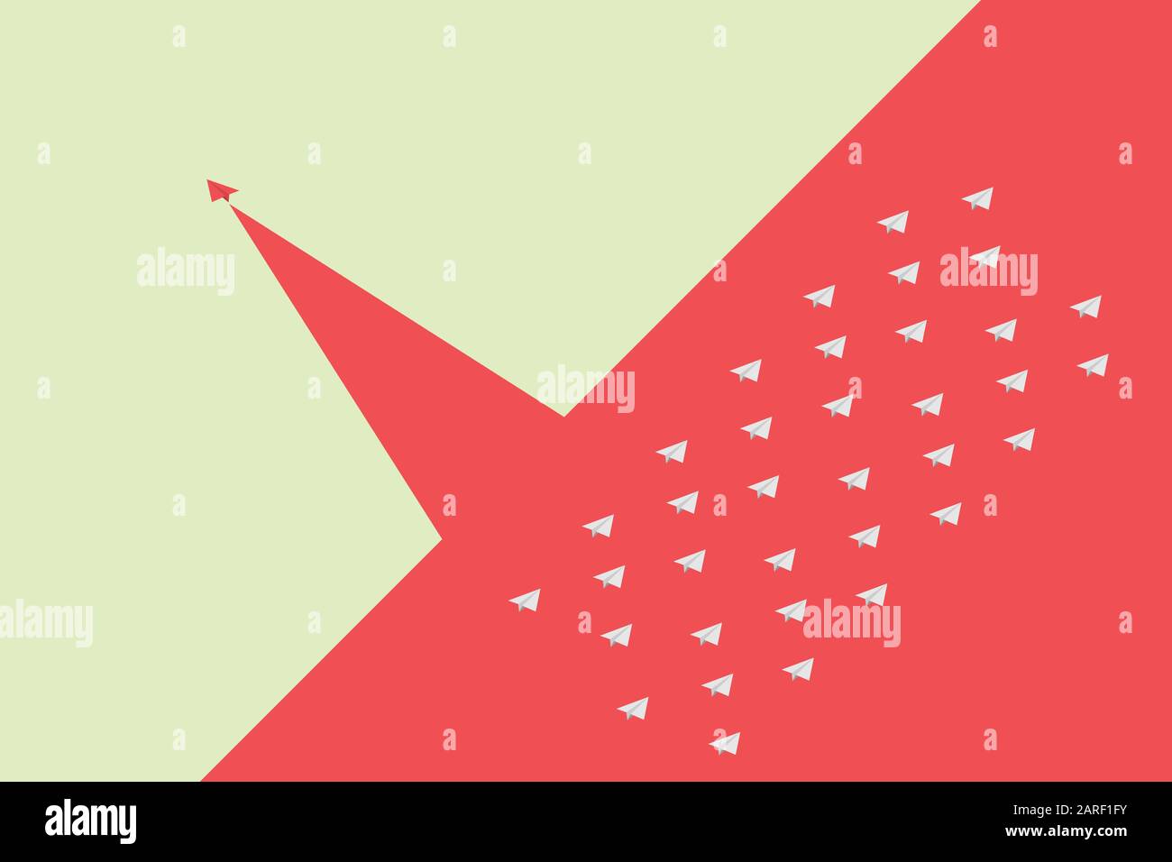 red airplane changing direction and white ones. New idea, change, trend ...