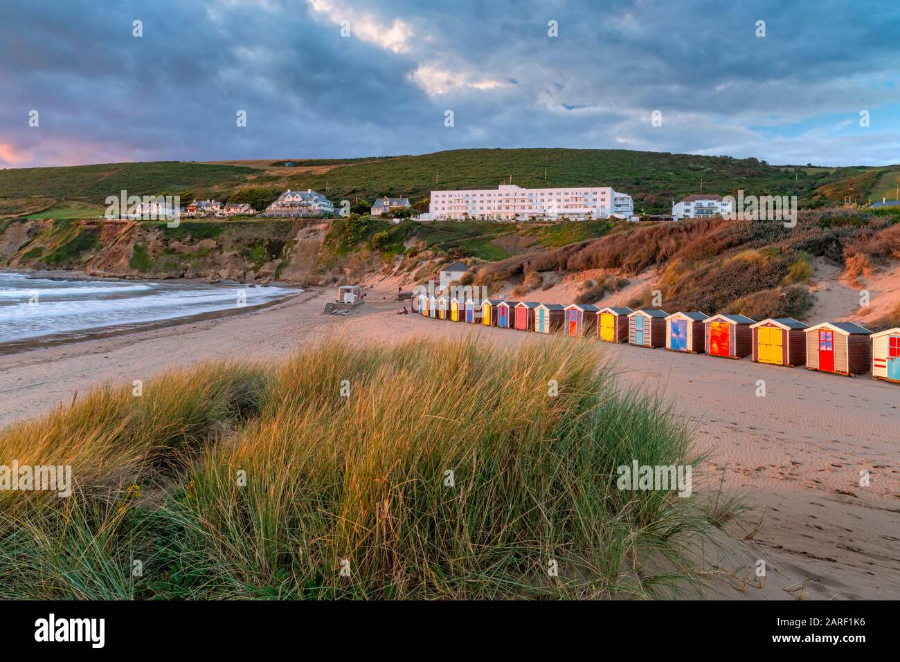 Saunton beach with a view of Saunton Sands hotel on the cliff top with ...