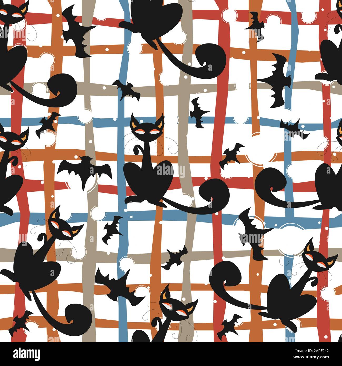 Seamless pattern of Halloween cats and bats in black, traditional ...