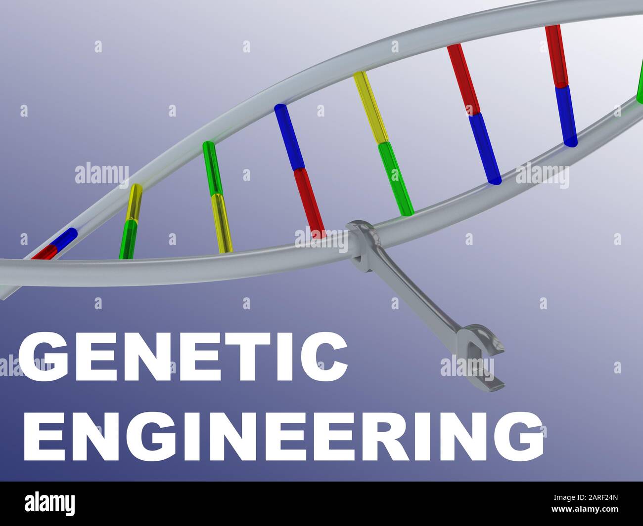 3D illustration of GENE EDITING script with DNA double helix and wrench ...