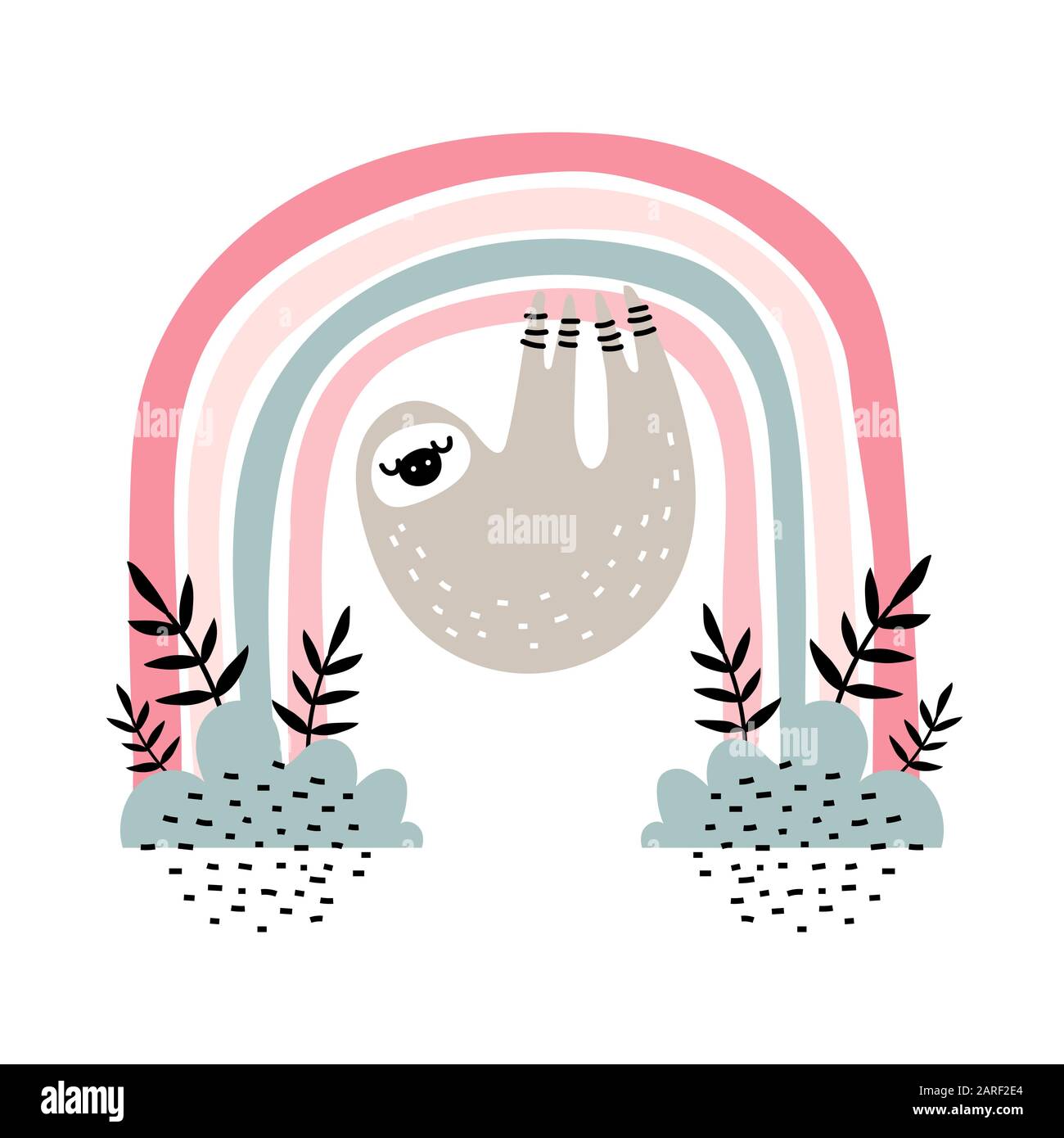 Cute sloth hanging on a rainbow. Cute vector print in scandinavian ...