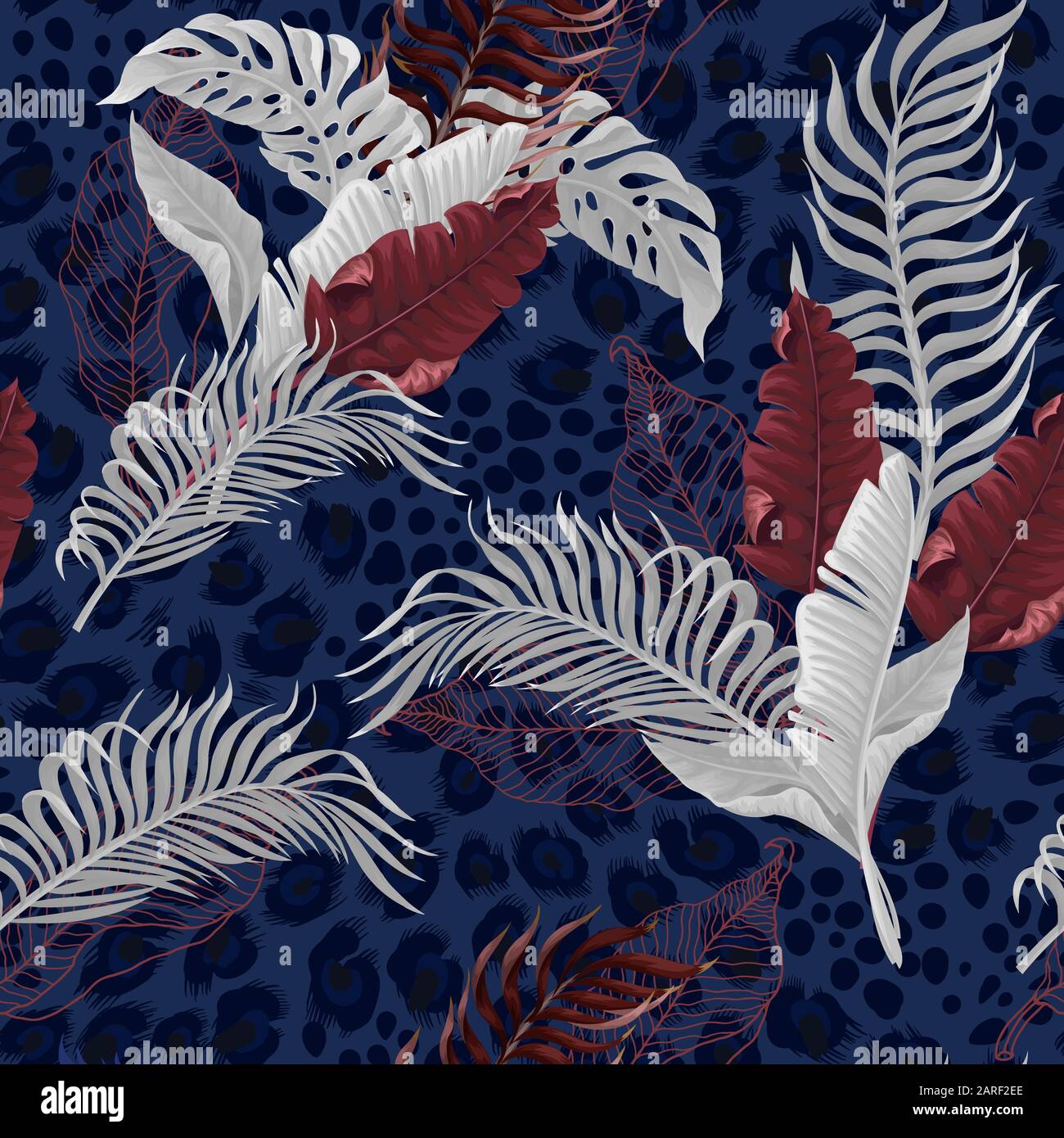 Seamless pattern with white tropical leaves on blue leopard background ...