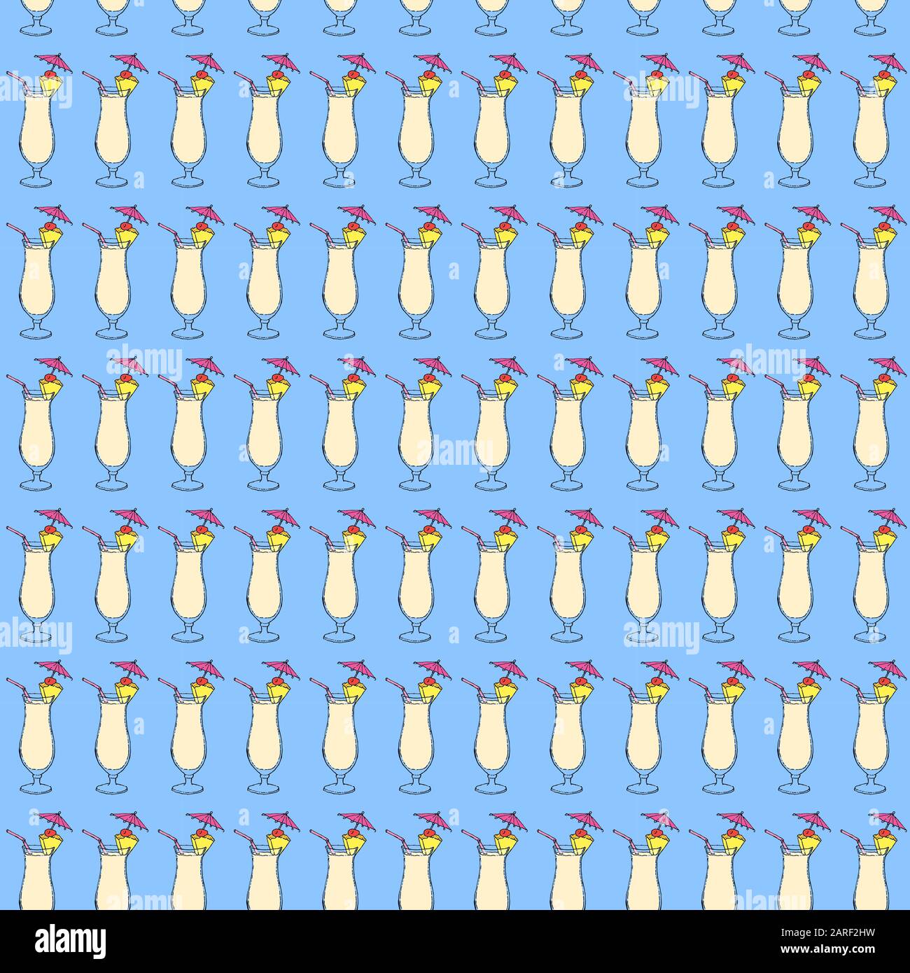 Pina Colada Cocktail seamless pattern. Hand drawing sketch outlines on ...