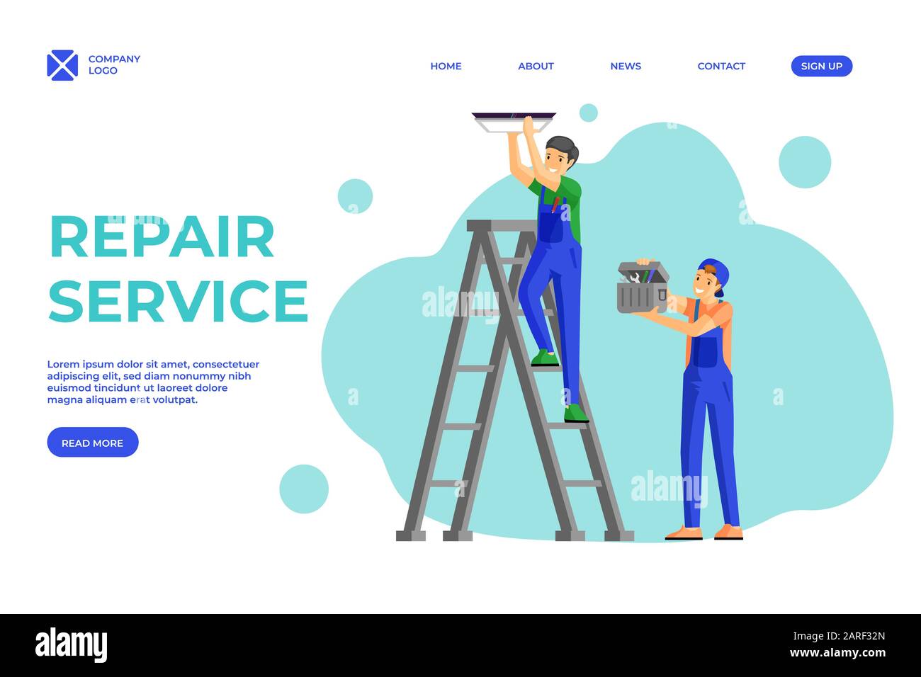 Electricians services vector homepage template. Workman fitting lamp to ...