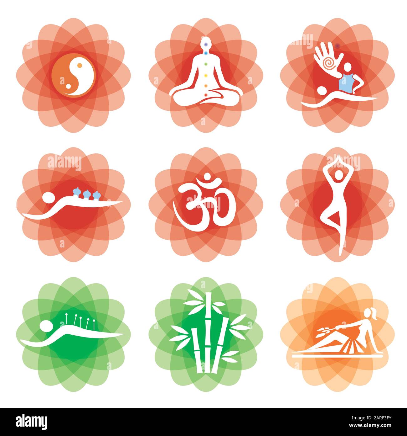 Yoga massage alternative medicine icons. Set of massage, yoga, spa icons on the decorative ...