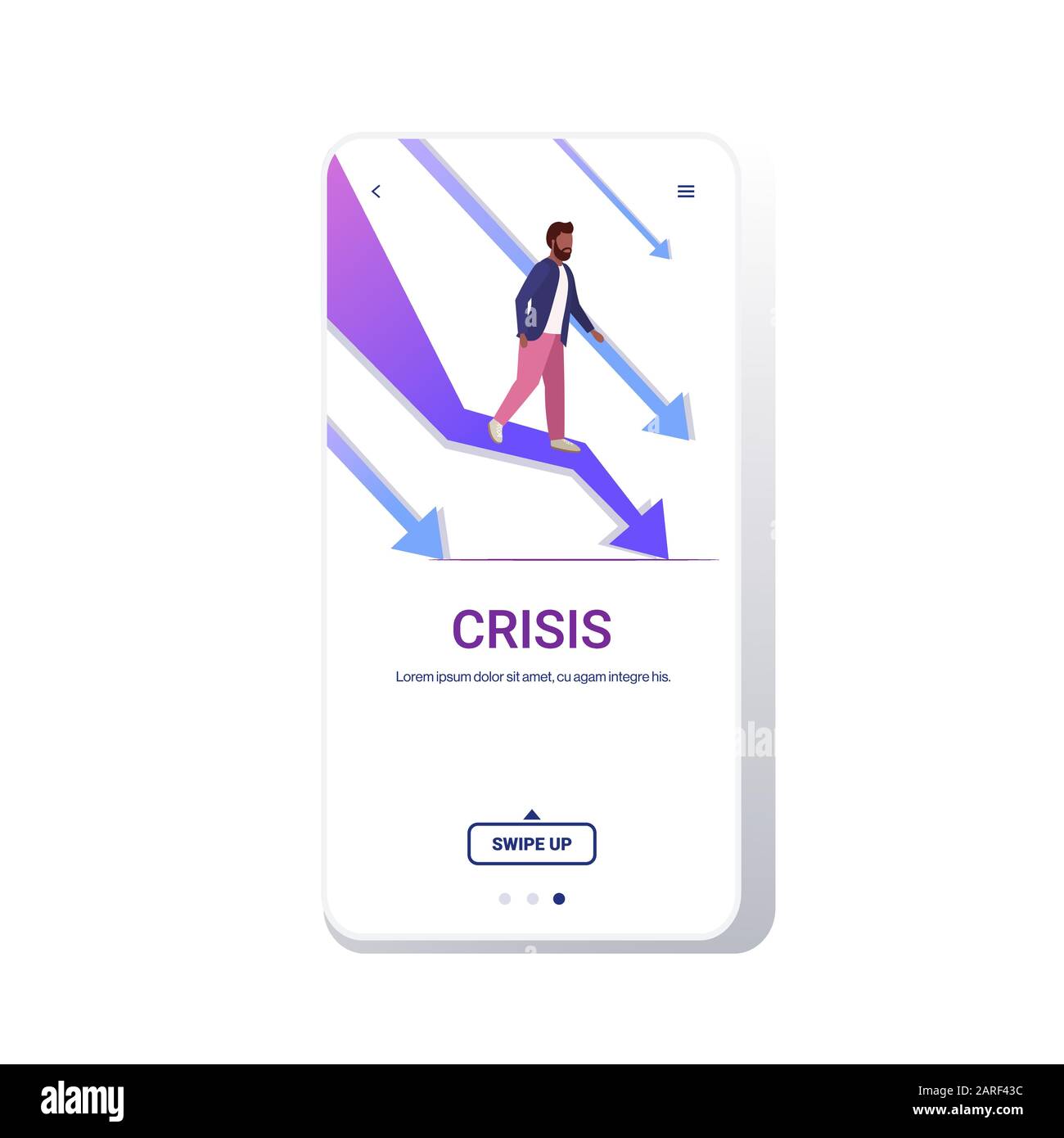stressful businessman standing at falling down economic arrow downward ...