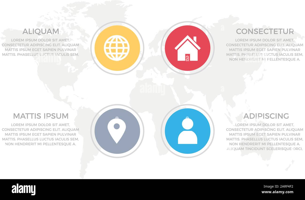 Set of yellow and red, blue elements for infographic with world map ...