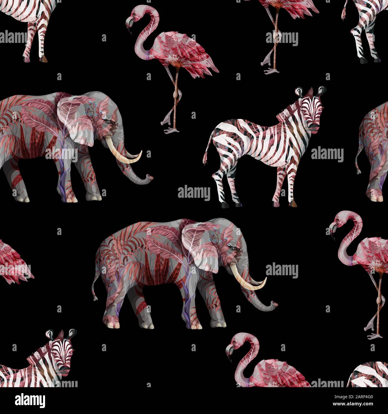 Seamless pattern with wild animals such as elephant, zebra and flamingo ...