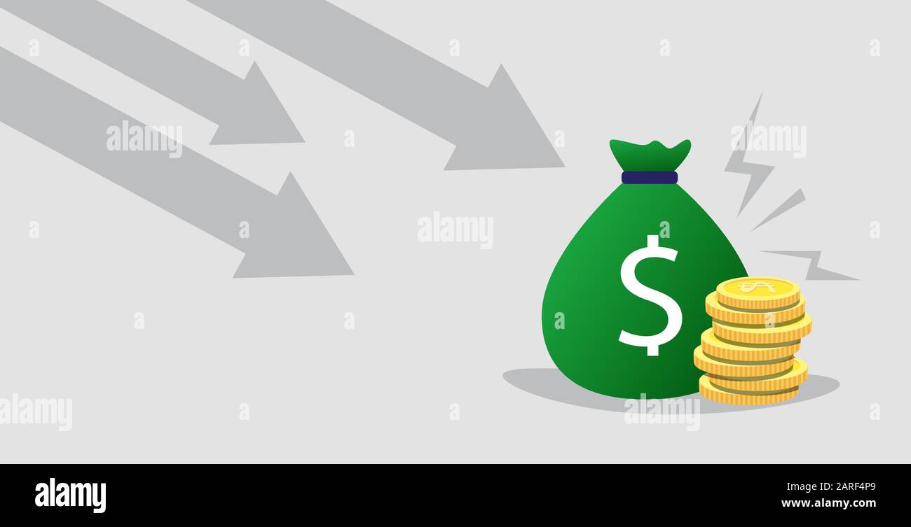 money bag with dollar sign and coins stack falling down arrows financial crisis failure budget ...
