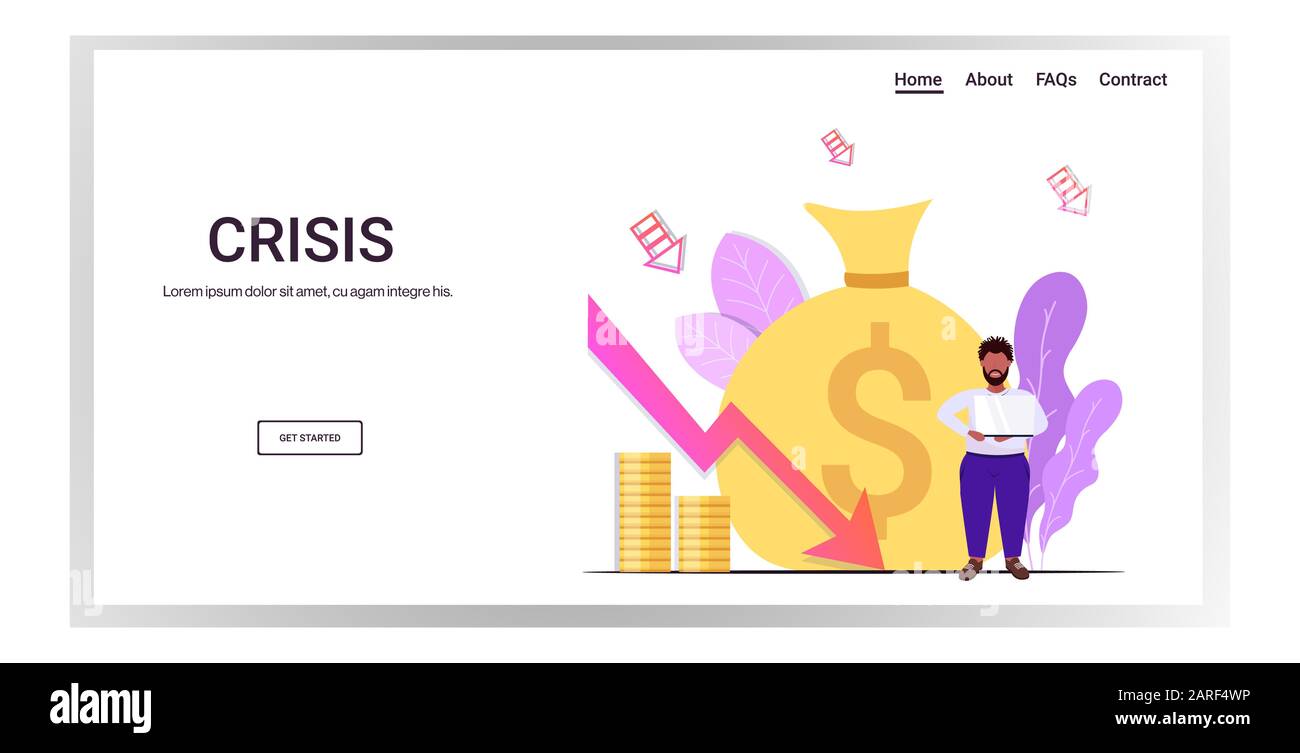 stressed businessman using laptop falling down arrow money bag with ...