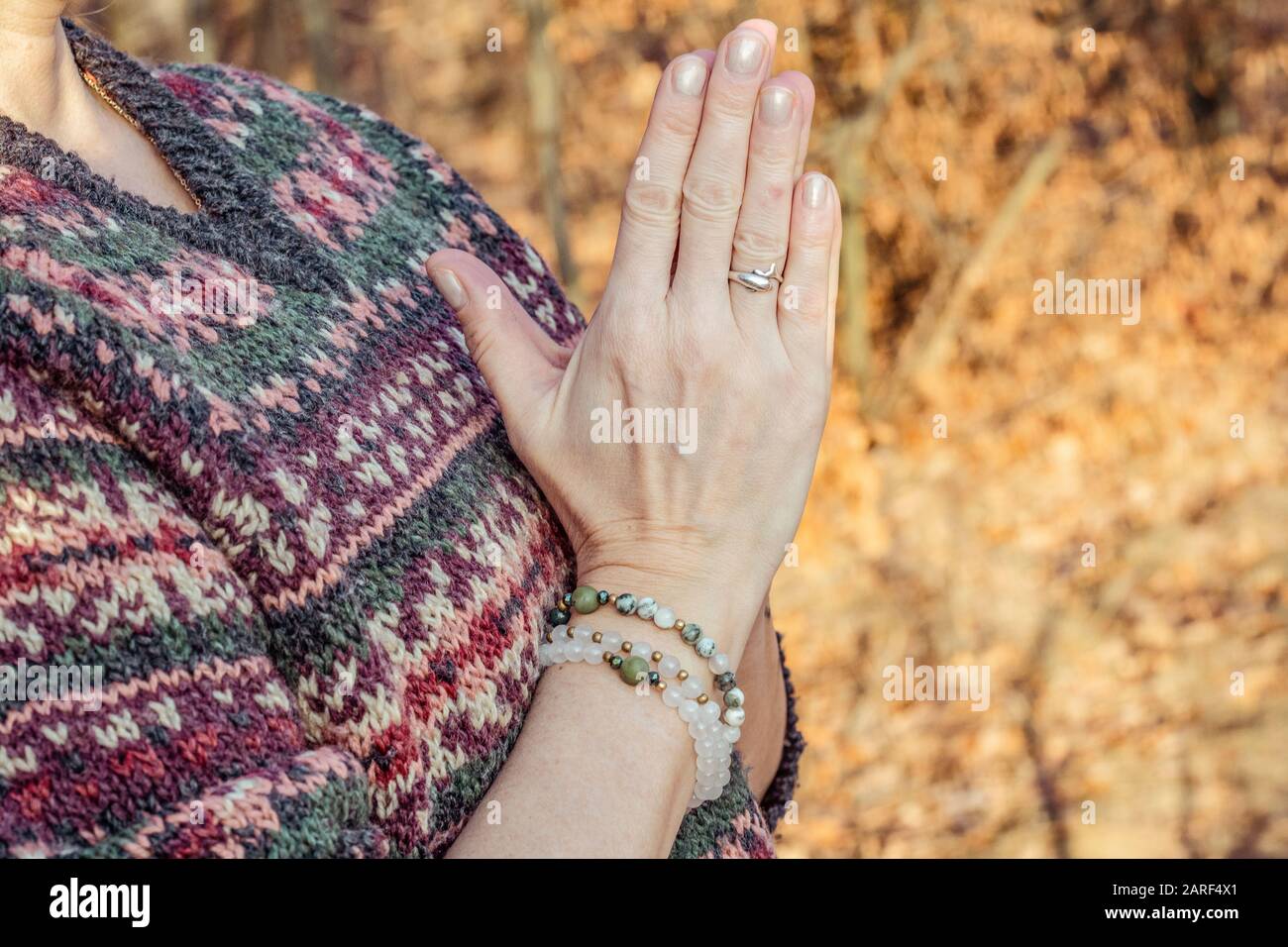 Detal of woman doing namaste hand mudra pose in the forest Stock Photo ...