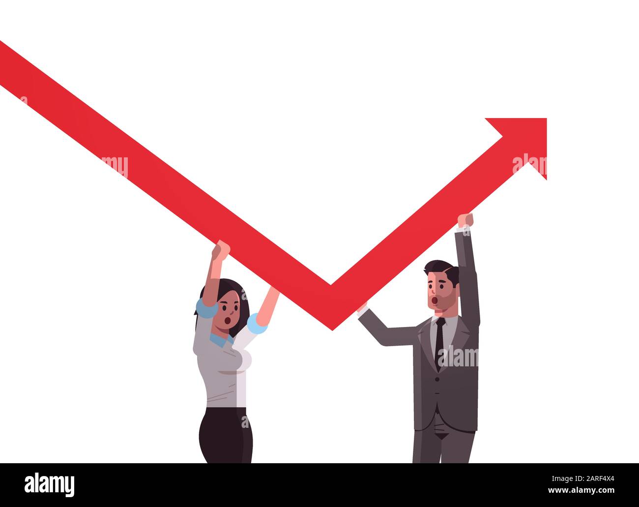 businesspeople couple rising up red growing arrow teamwork financial ...